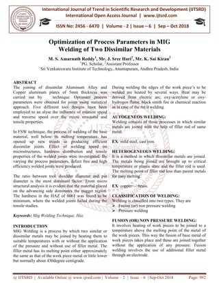 Optimization of Process Parameters in MIG Welding of Two Dissimilar Materials | PDF
