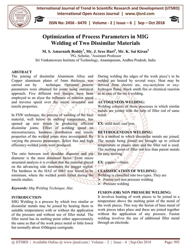 Optimization of Process Parameters in MIG Welding of Two Dissimilar Materials | PDF