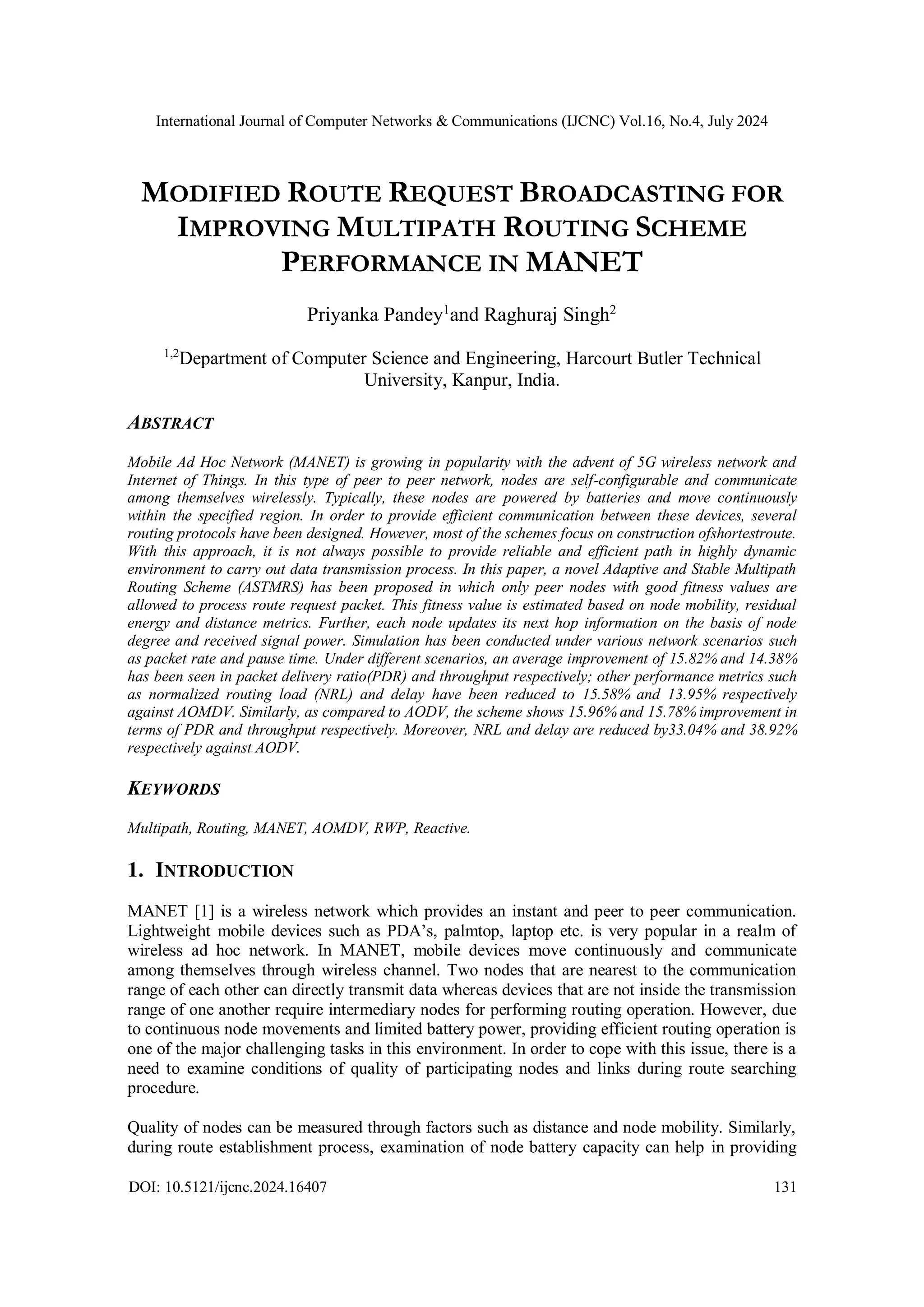 Modified Route Request Broadcasting for Improving Multipath Routing Scheme Performance in MANET ...