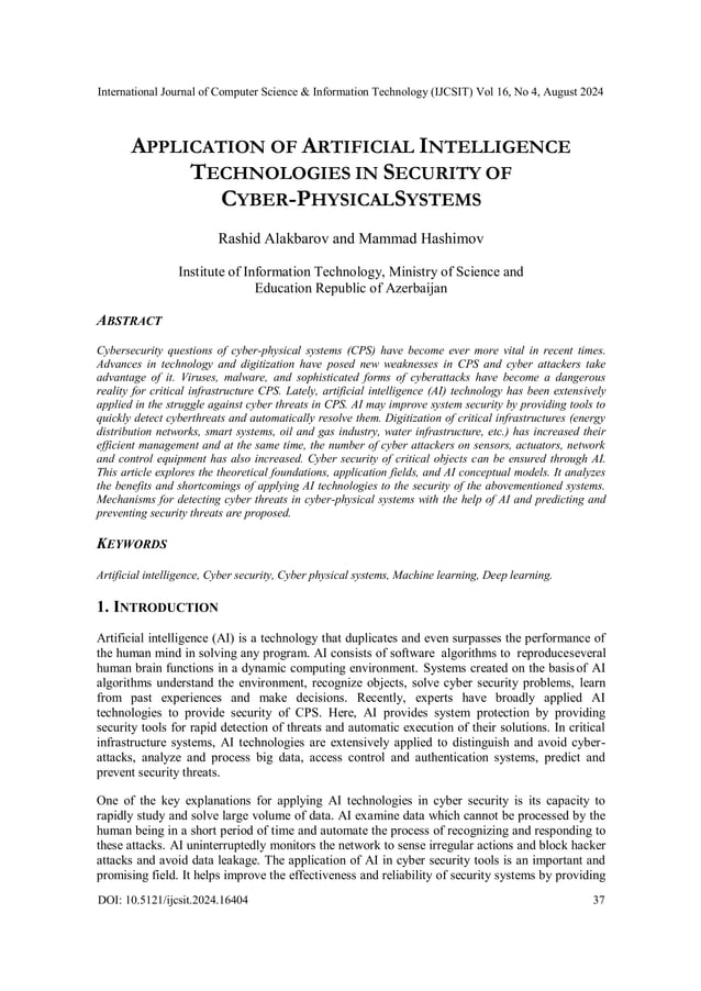 Application of Artificial Intelligence Technologies in Security of Cyber-Physical Systems | PDF