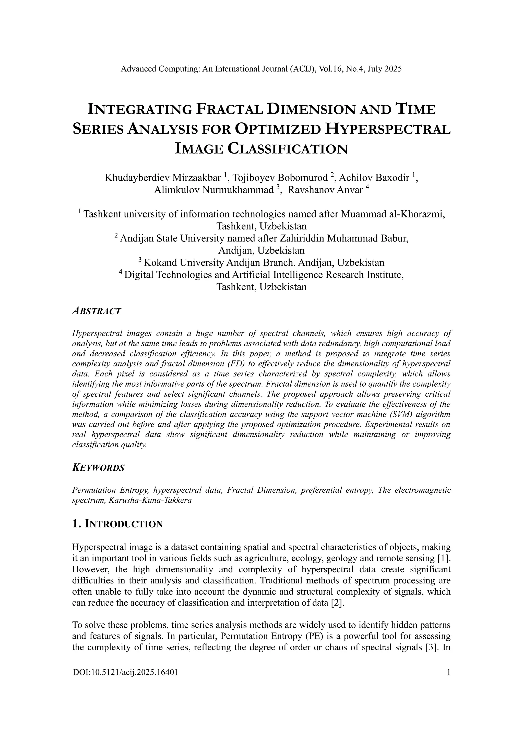 INTEGRATING FRACTAL DIMENSION AND TIME SERIES ANALYSIS FOR OPTIMIZED HYPERSPECTRAL IMAGE ...