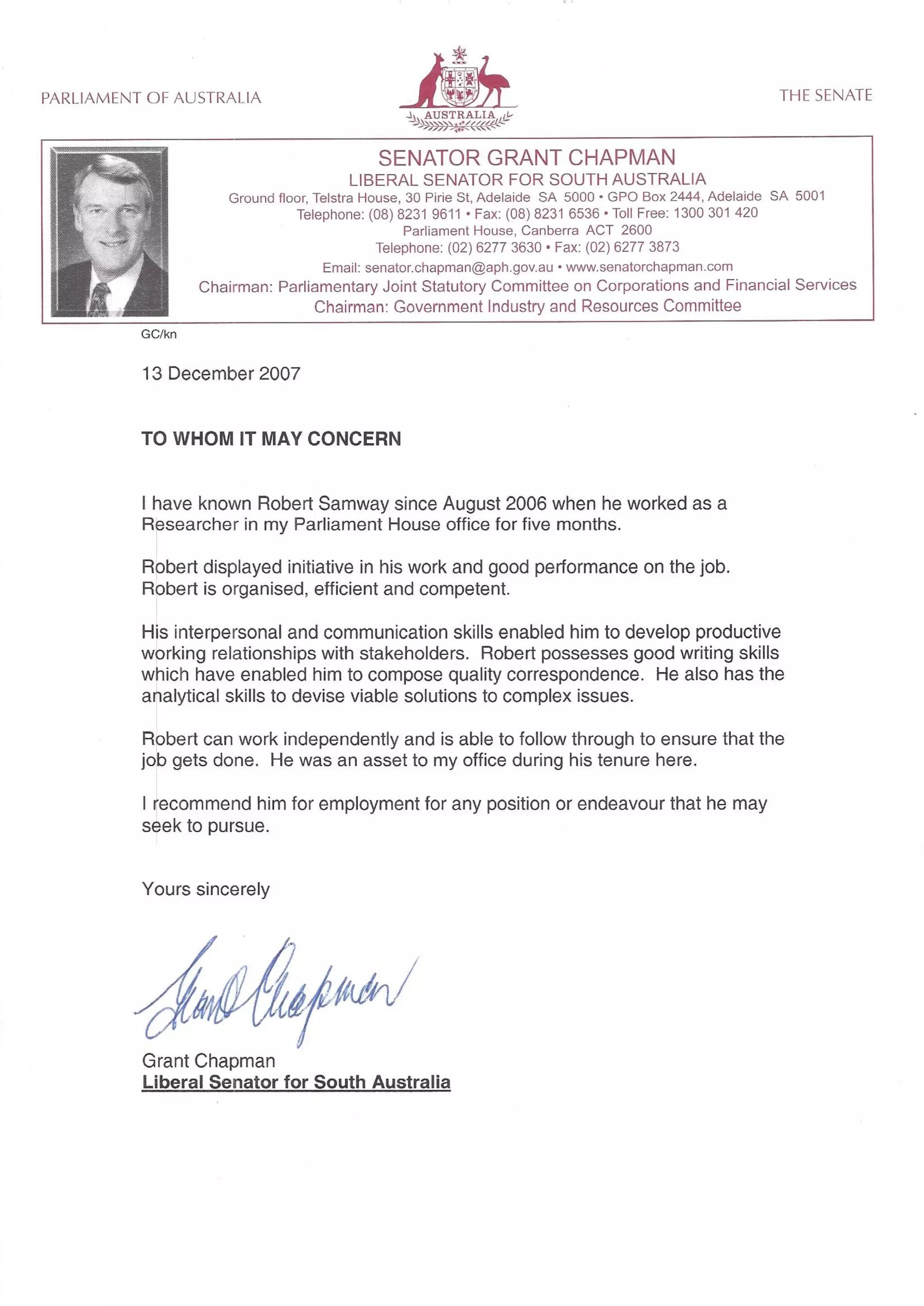 Senator Grant Chapman Written Reference | PDF
