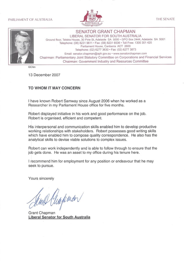 Senator Grant Chapman Written Reference | PDF