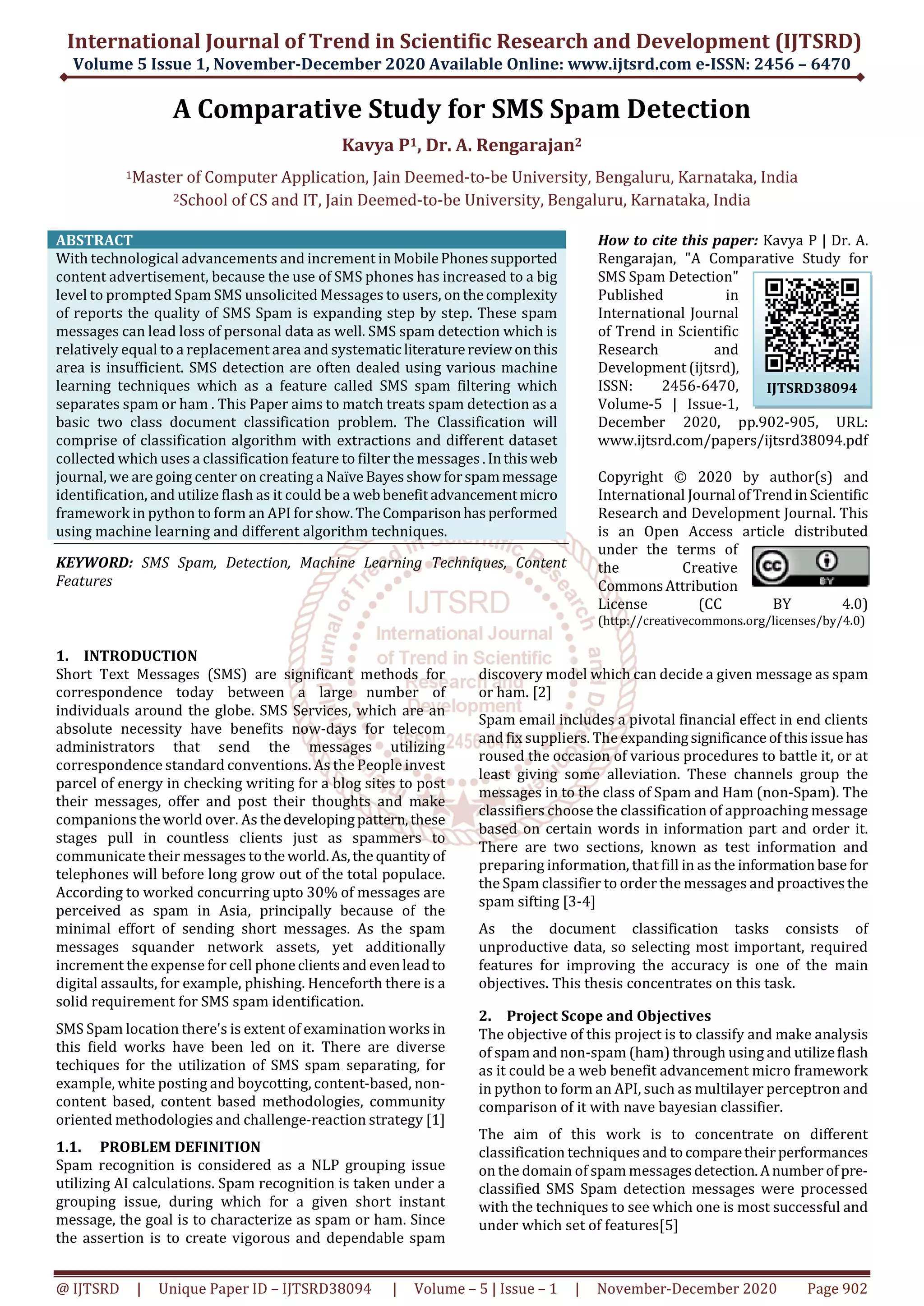 A Comparative Study for SMS Spam Detection | PDF