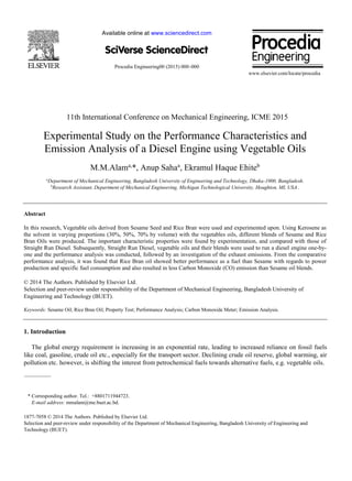 ICME 2015 - Experimental Study on the Performance Characteristics and Emission Analysis of a ...