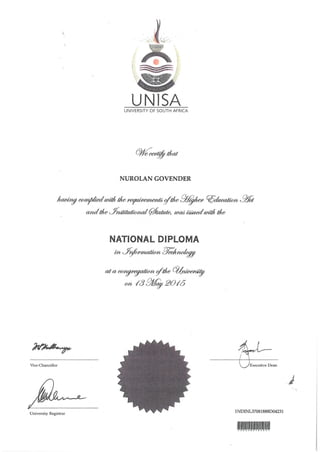 Nurolan Govender's IT Diploma | PDF