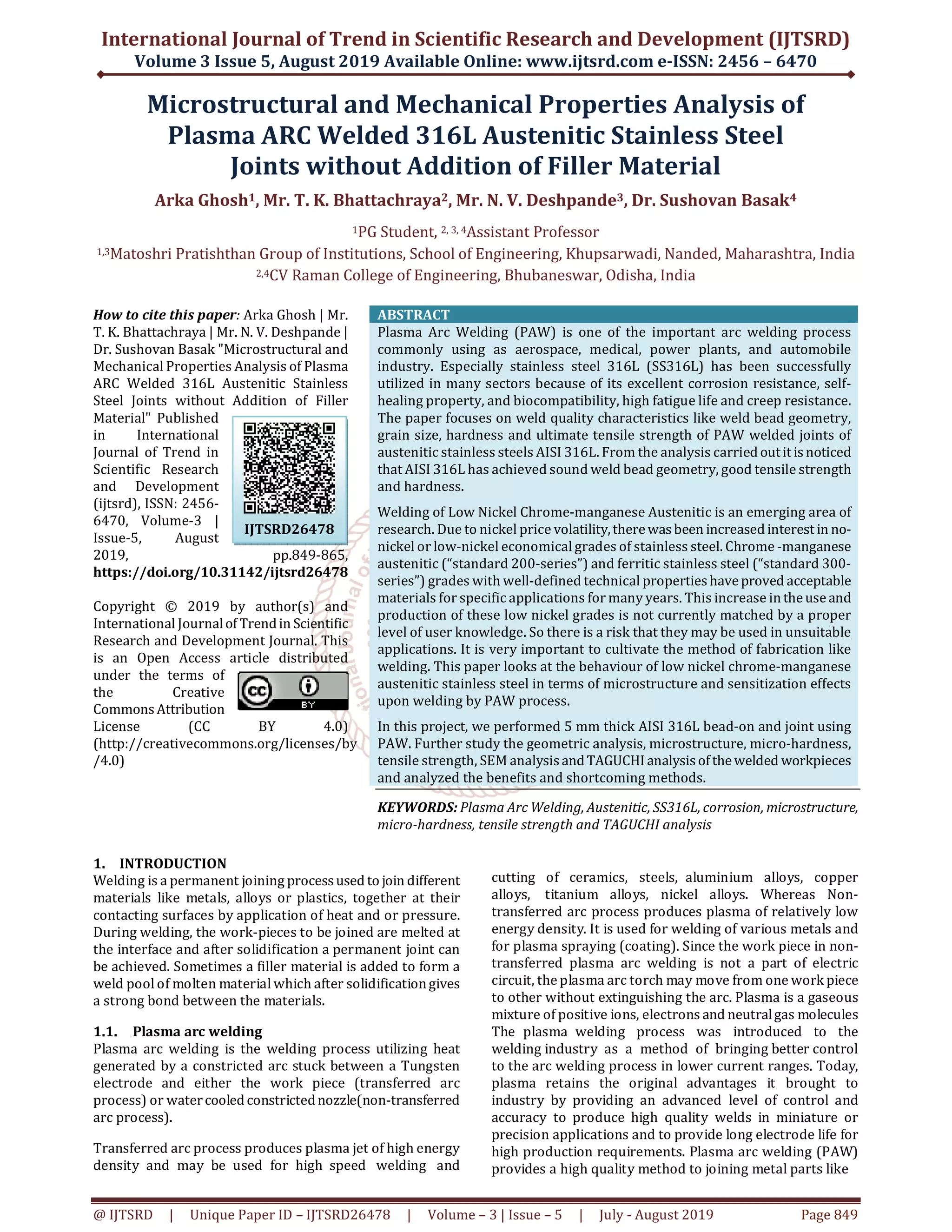 Microstructural and Mechanical Properties Analysis of Plasma ARC Welded 316L Austenitic ...