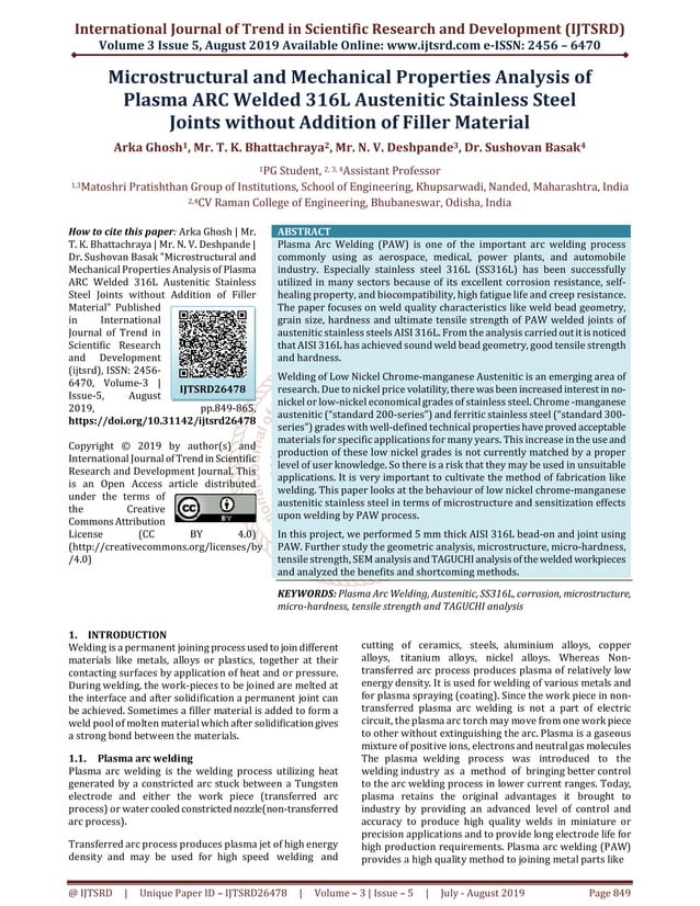 Microstructural and Mechanical Properties Analysis of Plasma ARC Welded 316L Austenitic ...