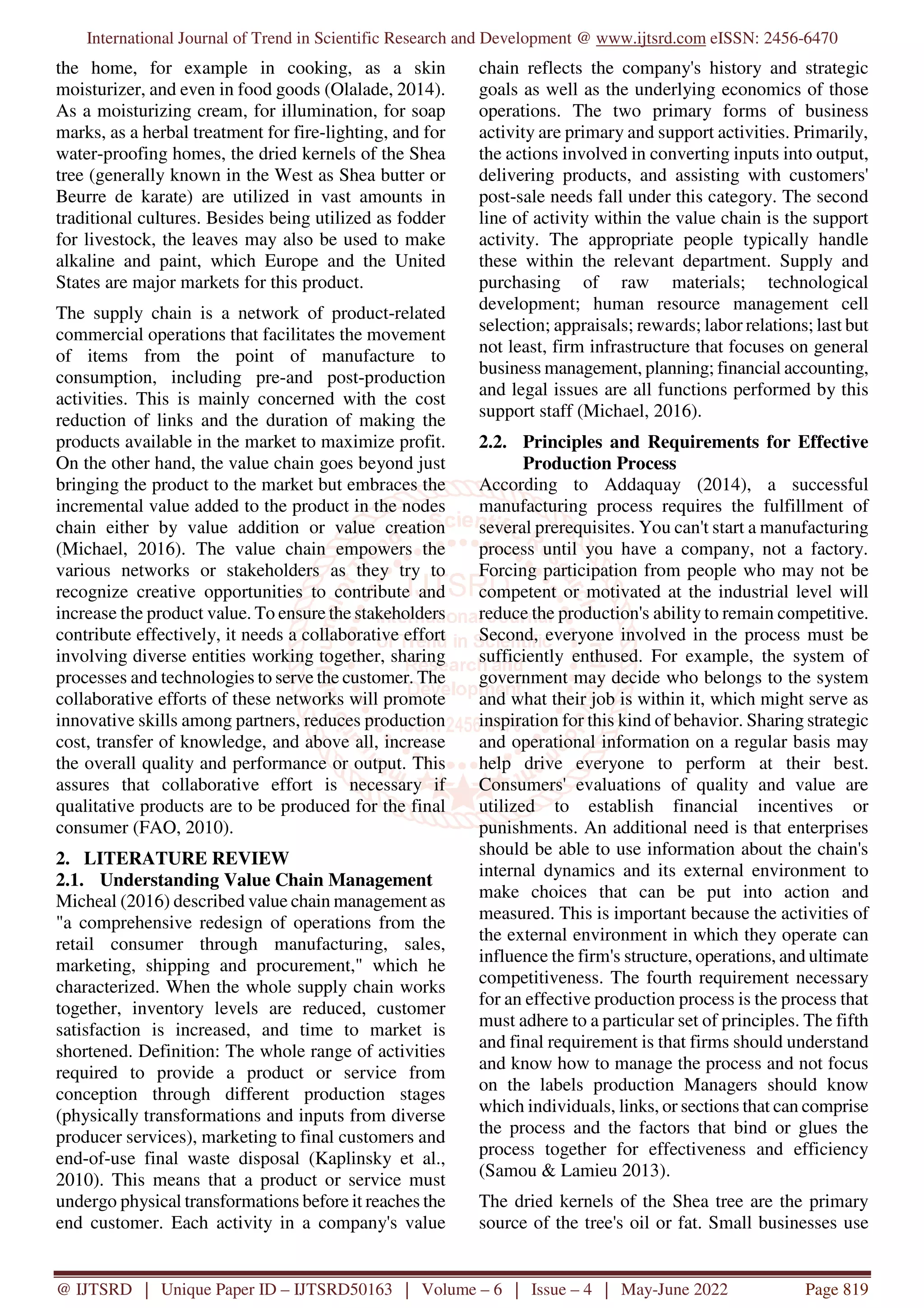 Preliminary Examination of the Processes of Production and Value Chain ...