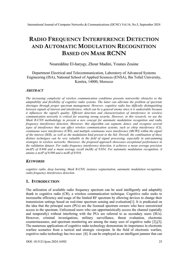RADIO FREQUENCY INTERFERENCE DETECTION AND AUTOMATIC MODULATION RECOGNITION BASED ON MASK RCNN | PDF