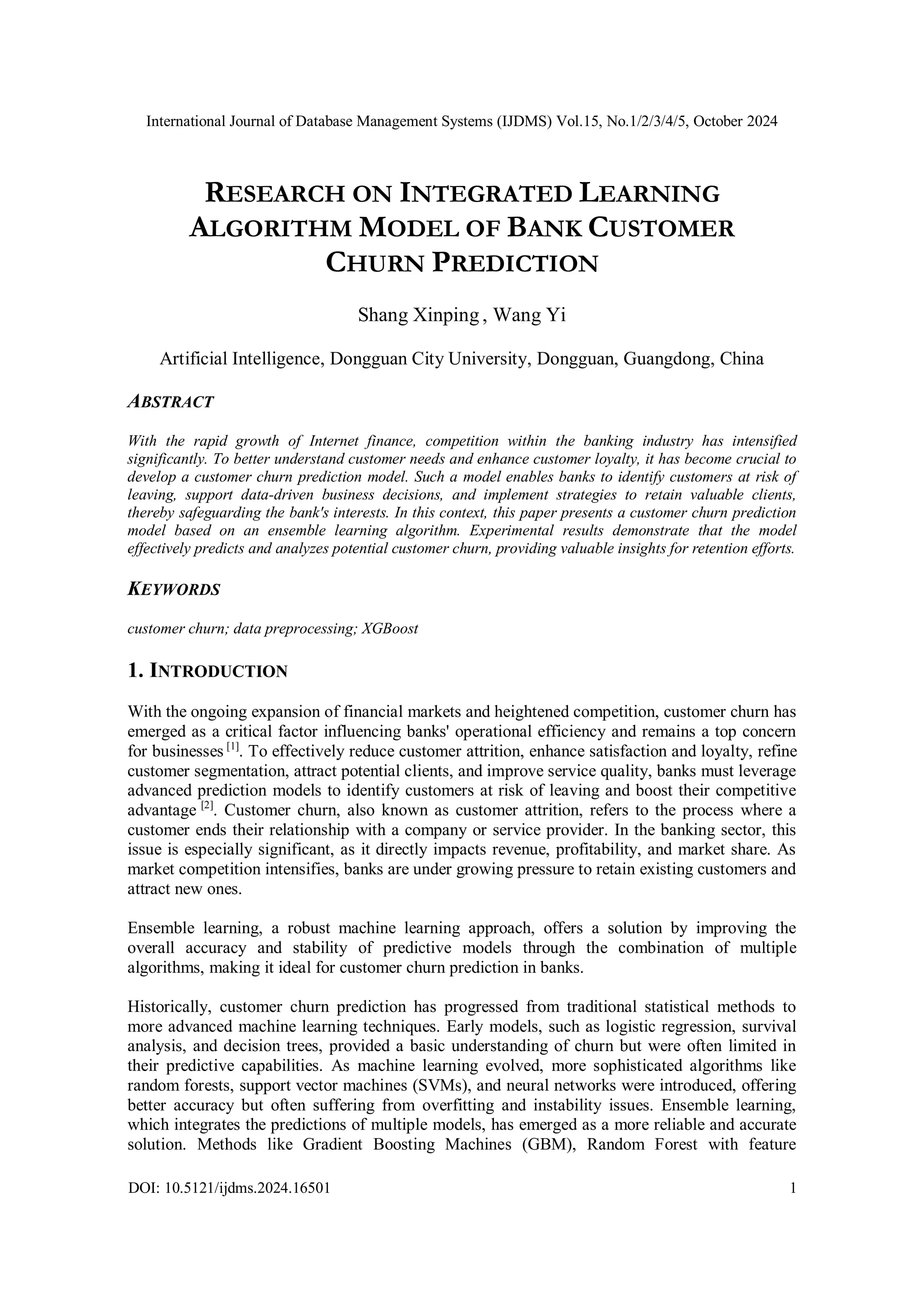 RESEARCH ON INTEGRATED LEARNING ALGORITHM MODEL OF BANK CUSTOMER CHURN PREDICTION | PDF