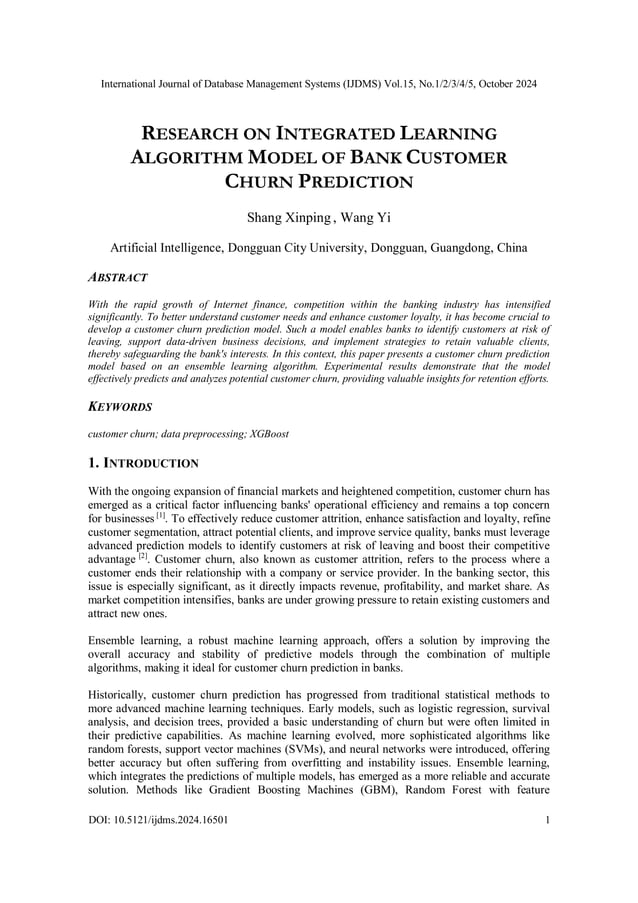 RESEARCH ON INTEGRATED LEARNING ALGORITHM MODEL OF BANK CUSTOMER CHURN ...