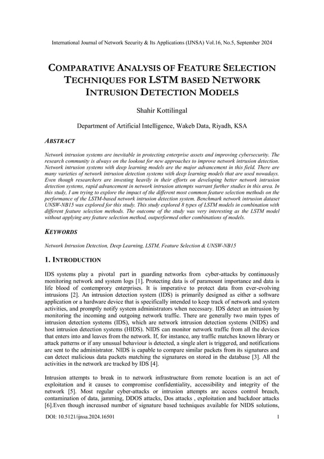 COMPARATIVE ANALYSIS OF FEATURE SELECTION TECHNIQUES FOR LSTM BASED NETWORK INTRUSION DETECTION ...