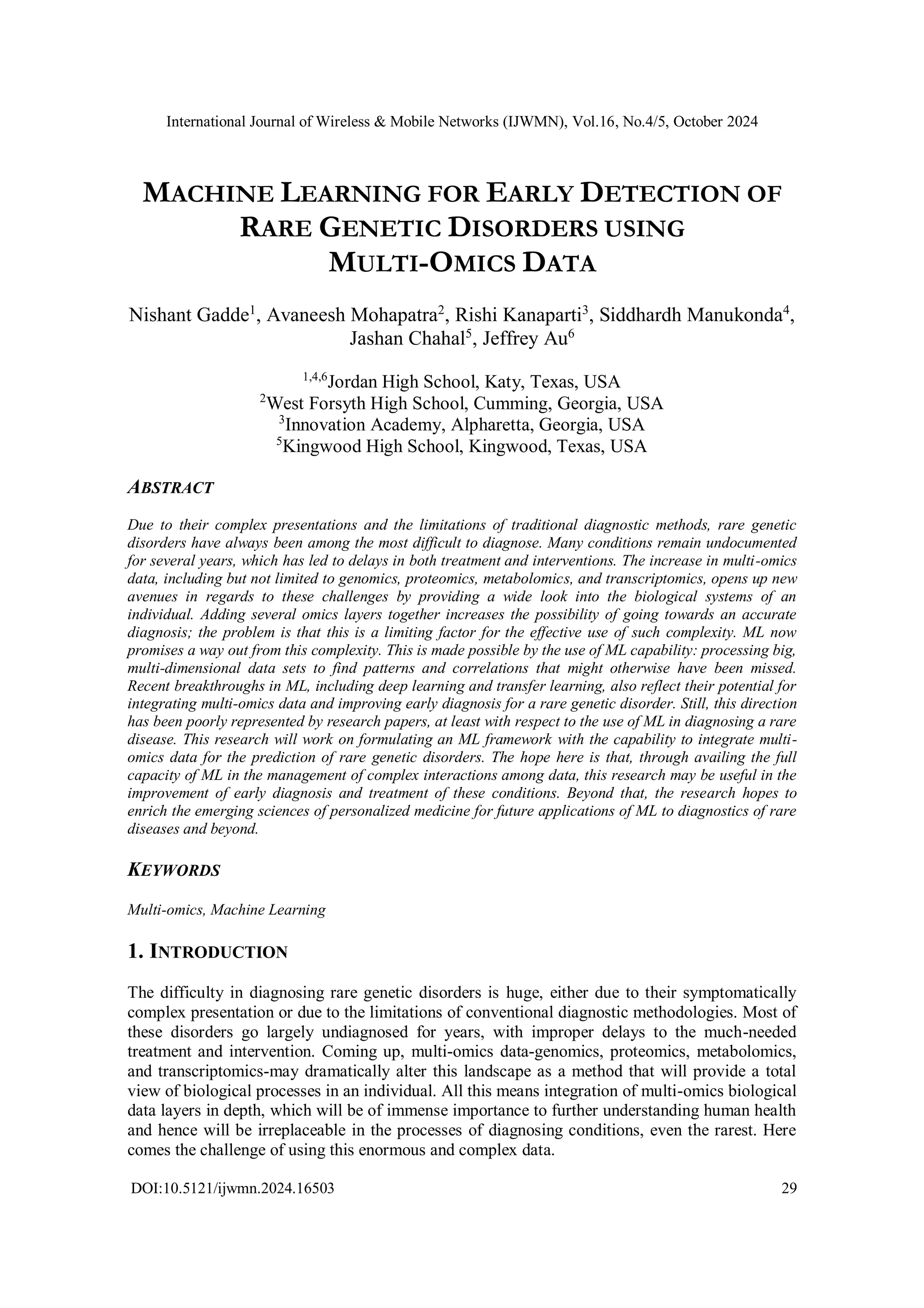 MACHINE LEARNING FOR EARLY DETECTION OF RARE GENETIC DISORDERS USING MULTI-OMICS DATA | PDF