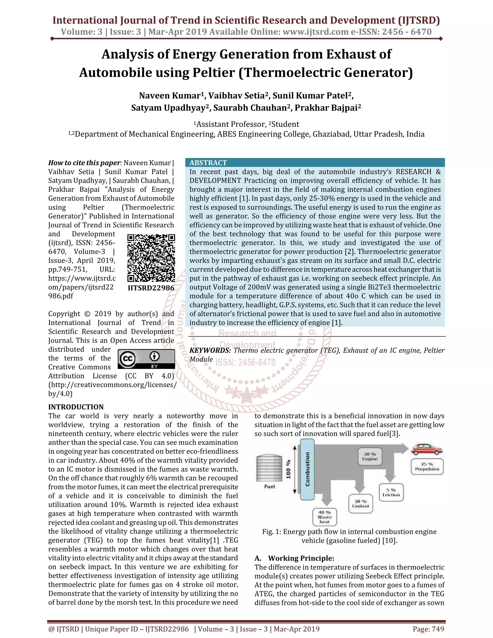 Analysis of Energy Generation from Exhaust of Automobile using Peltier Thermoelectric Generator ...