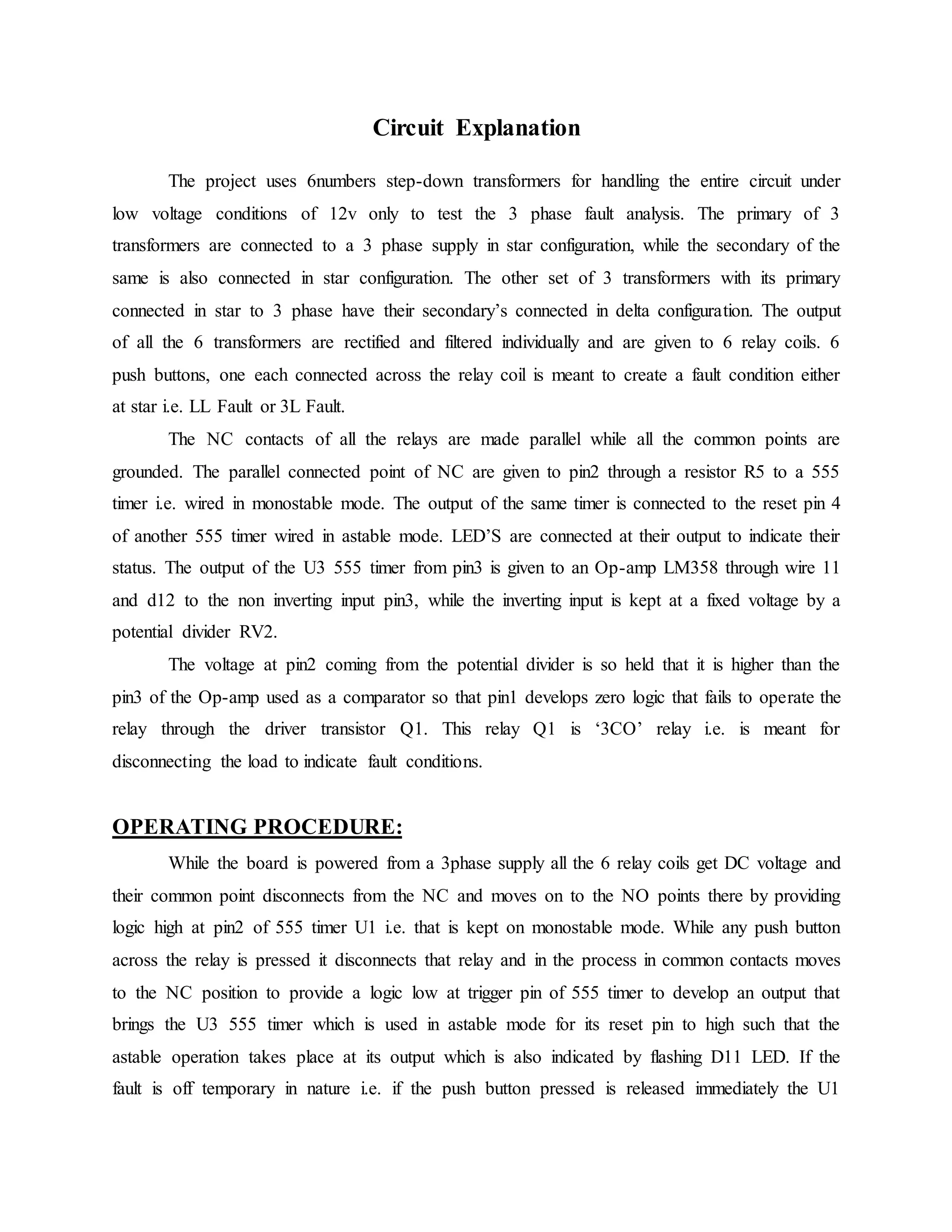 Circuit Explanation Of Three Phase Fault Analysis With Auto Reset For Temporary Fault And Trip