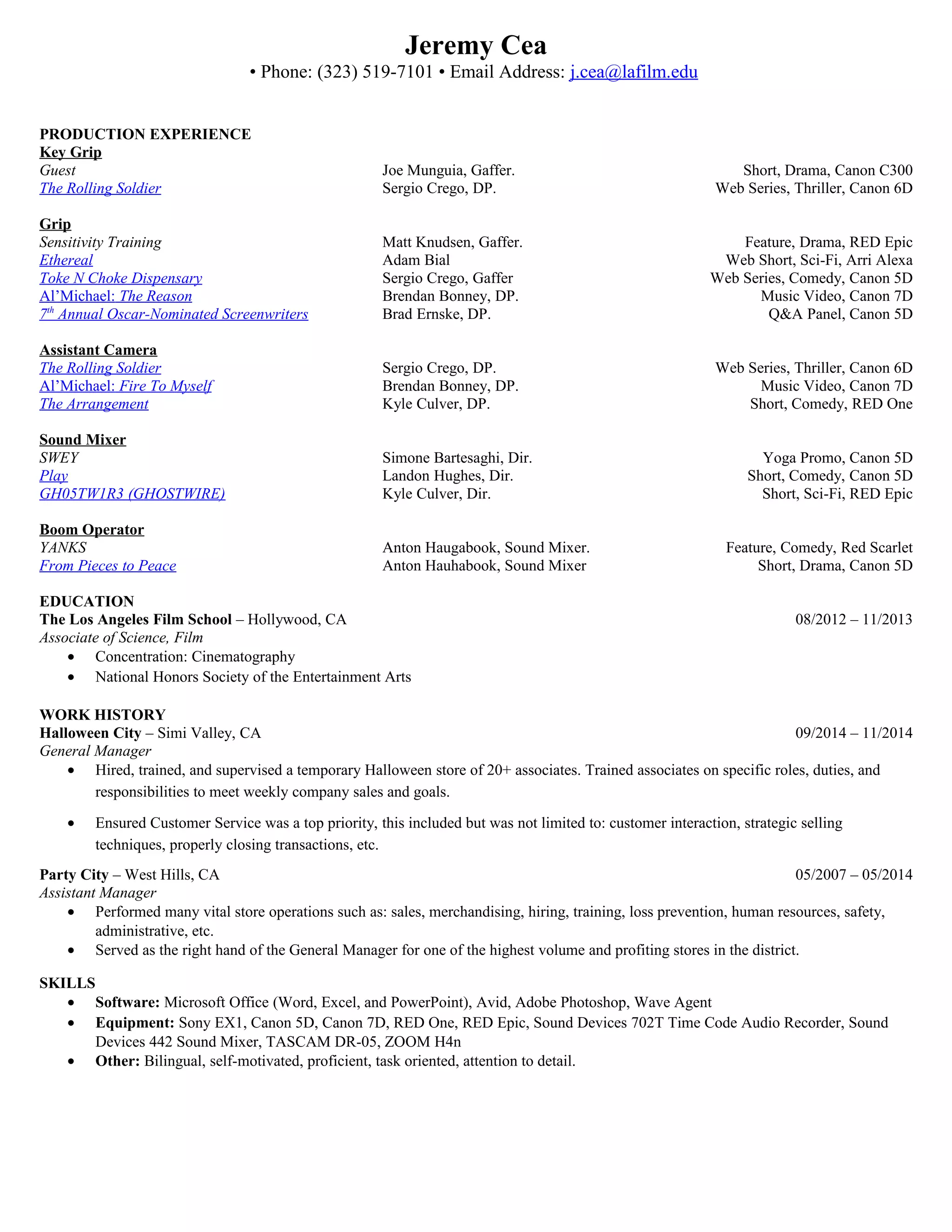 Jeremy Cea Production Resume | DOC