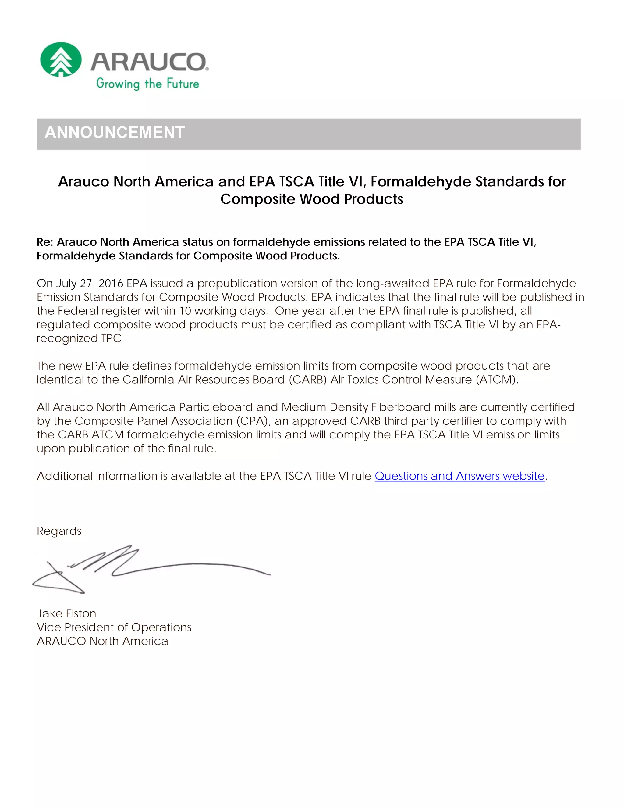 iMovR ARAUCO EPA Formaldehyde Standards | PDF