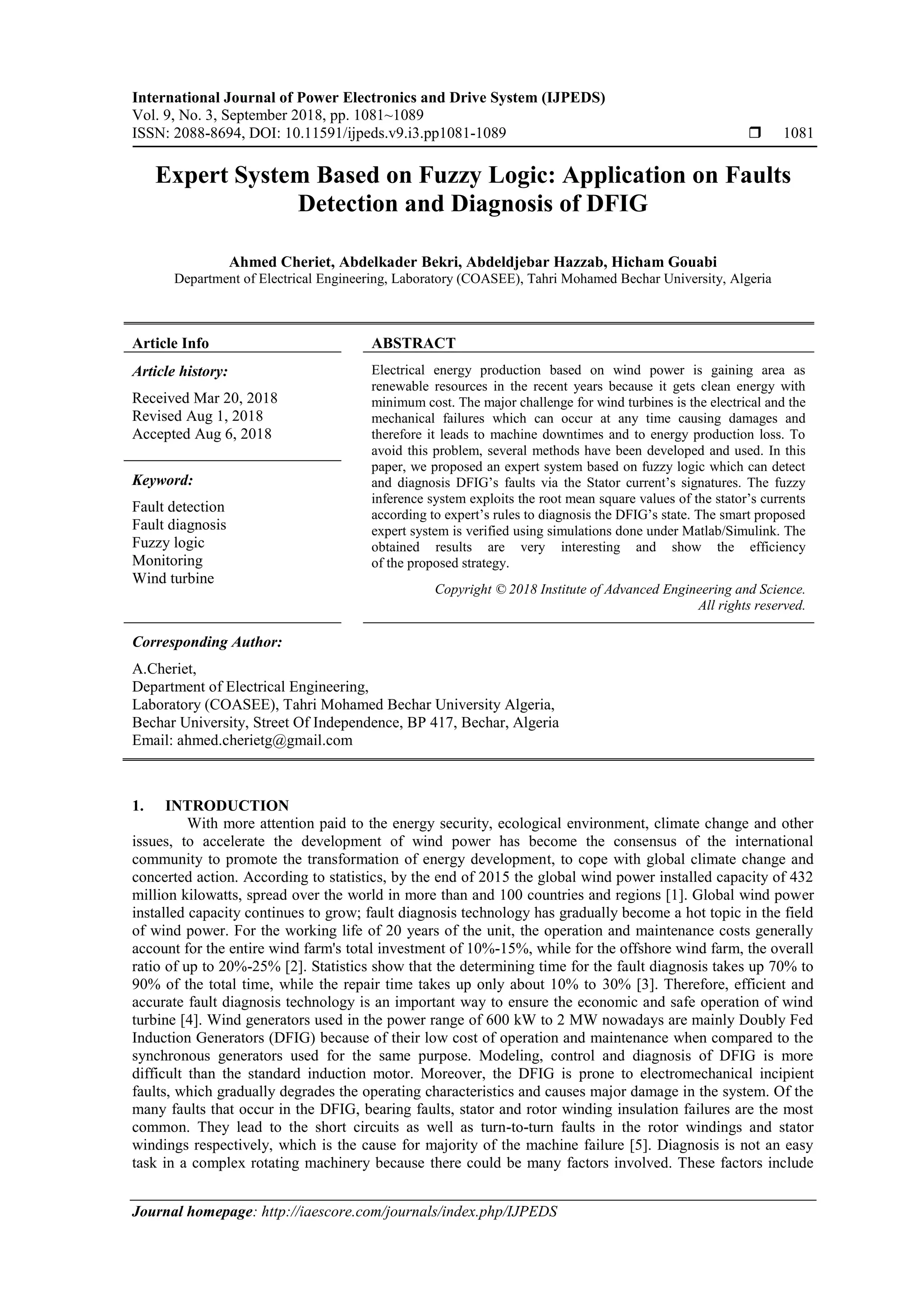Expert System Based on Fuzzy Logic: Application on Faults Detection and Diagnosis of DFIG | PDF