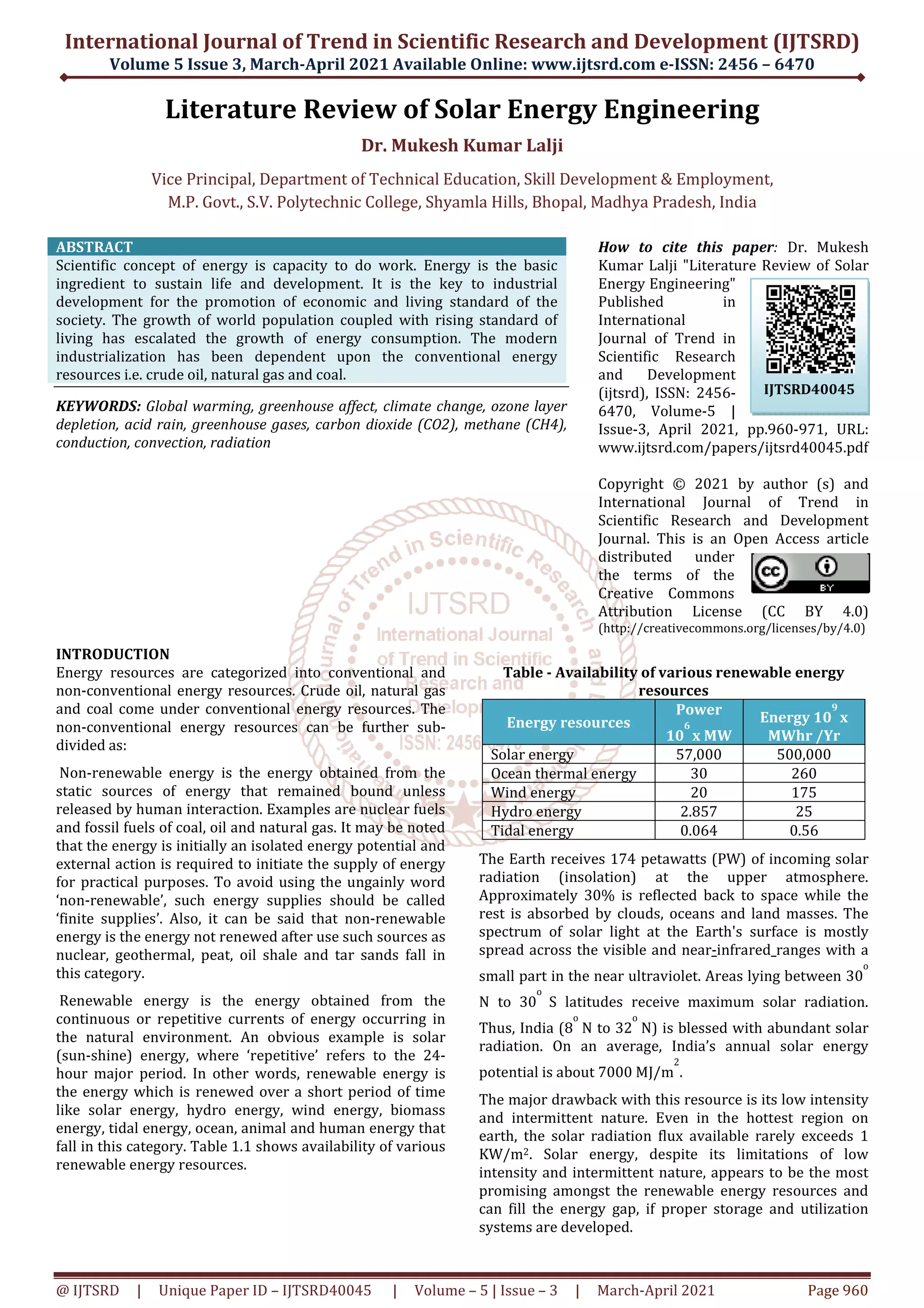Literature Review of Solar Energy Engineering | PDF