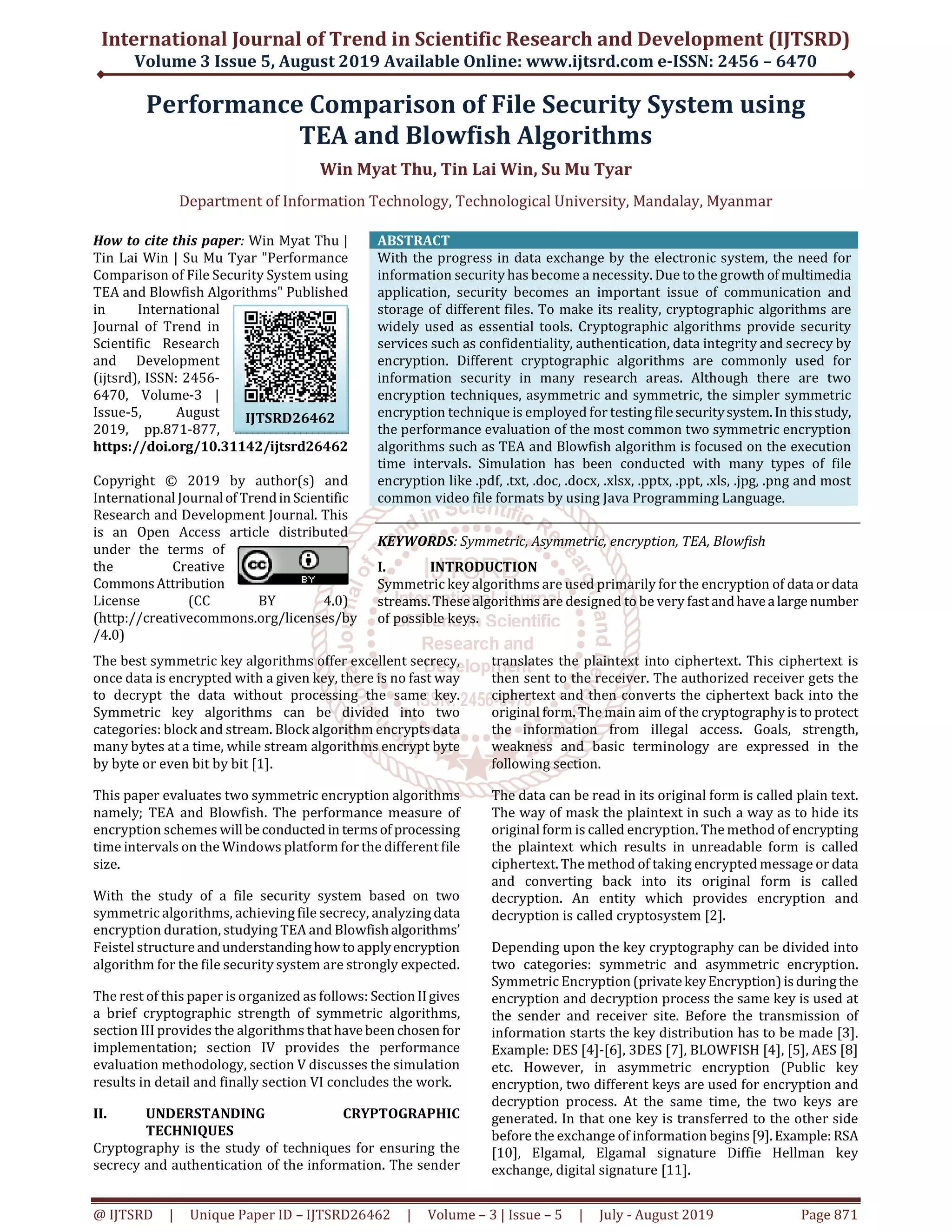 Performance Comparison of File Security System using TEA and Blowfish Algorithms | PDF