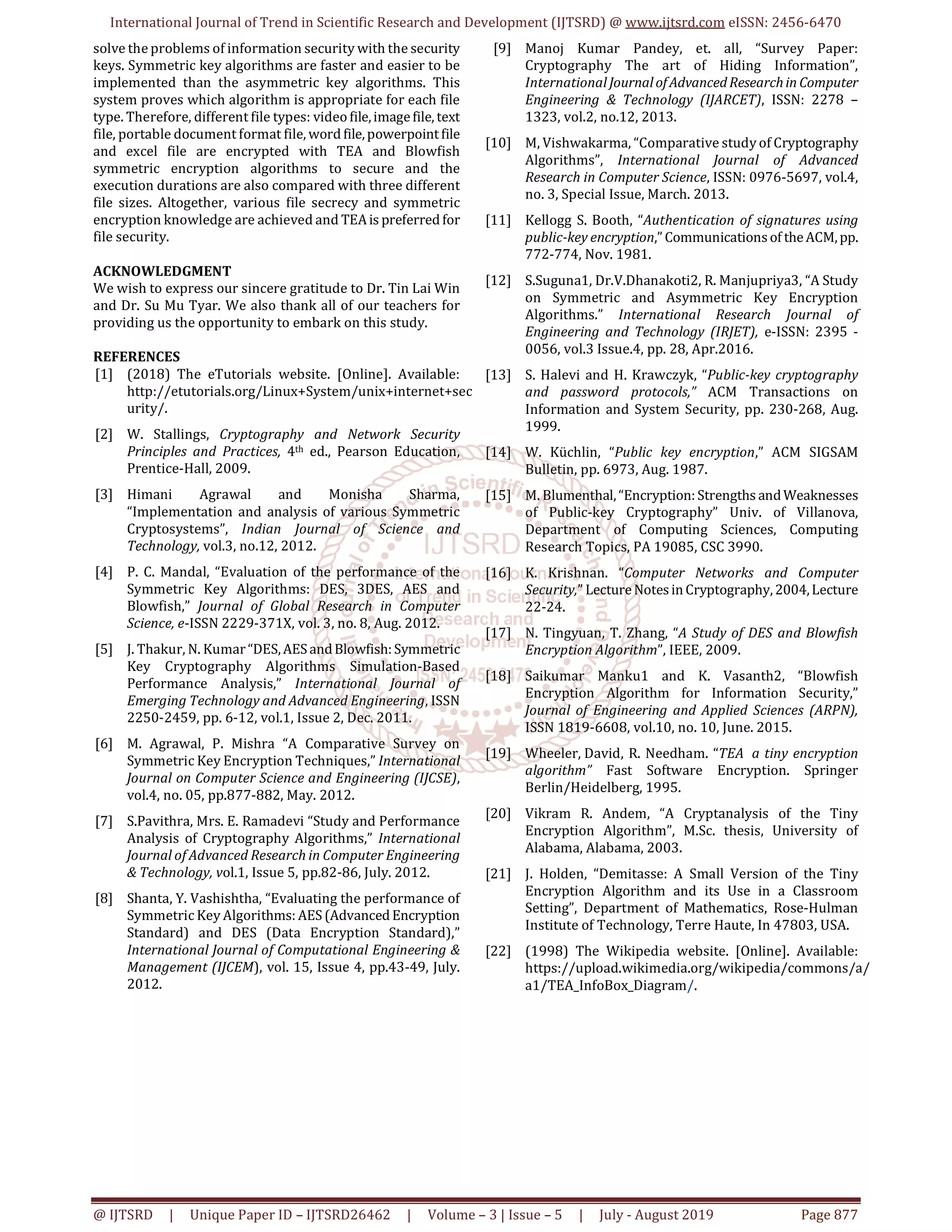 Performance Comparison of File Security System using TEA and Blowfish Algorithms | PDF
