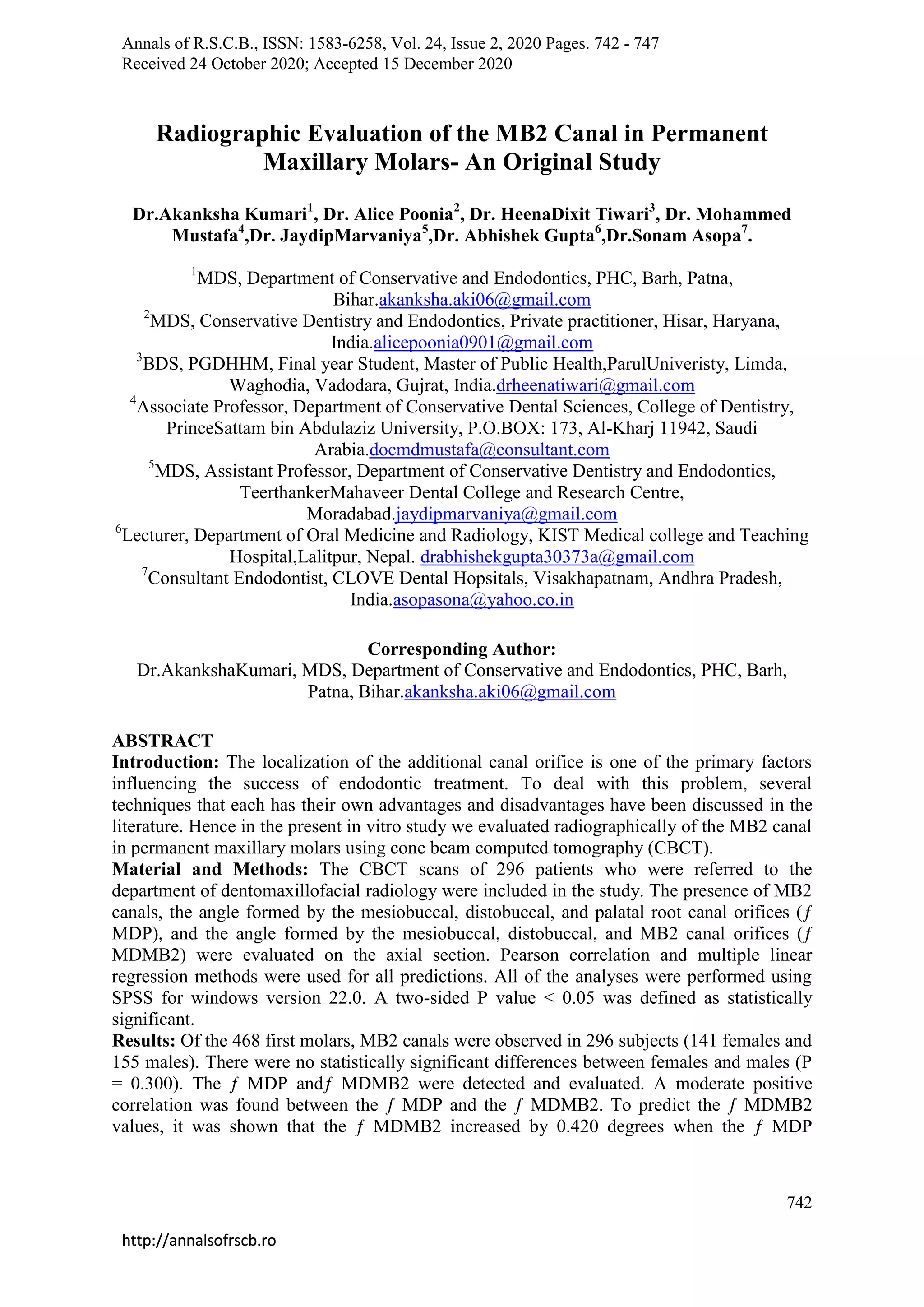 Radiographic Evaluation of the MB2 Canal in Permanent Maxillary Molars ...
