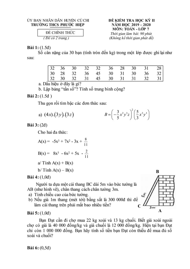 Đề Thi HK2 Toán 7 - THCS Phước Hiệp | DOC