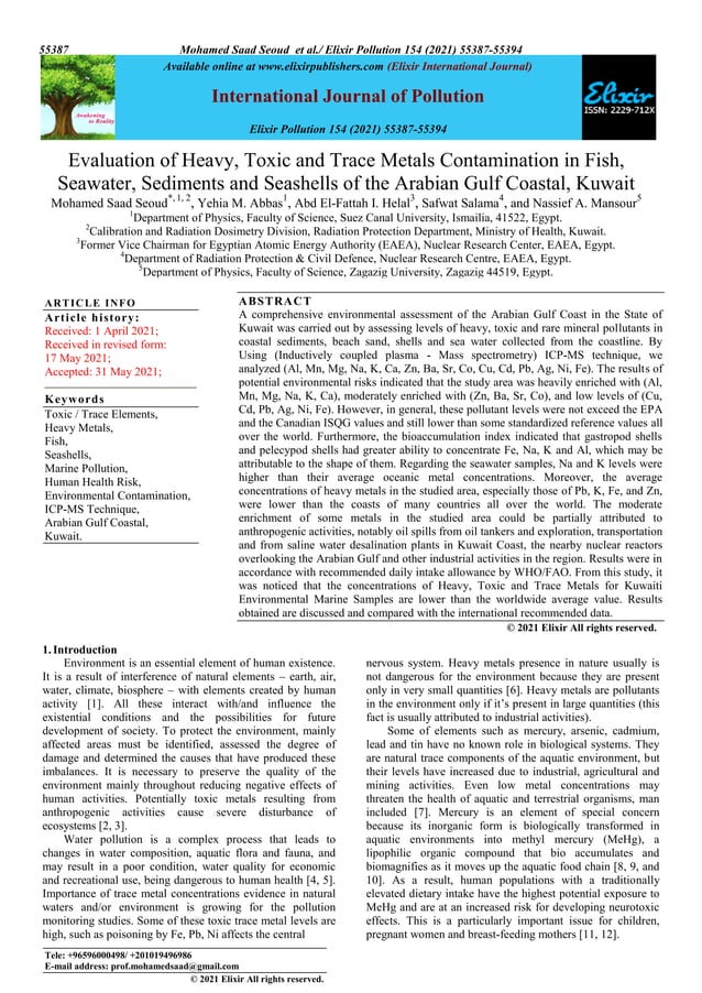 Evaluation of Heavy, Toxic and Trace Metals Contamination in Fish, Seawater, Sediments and ...