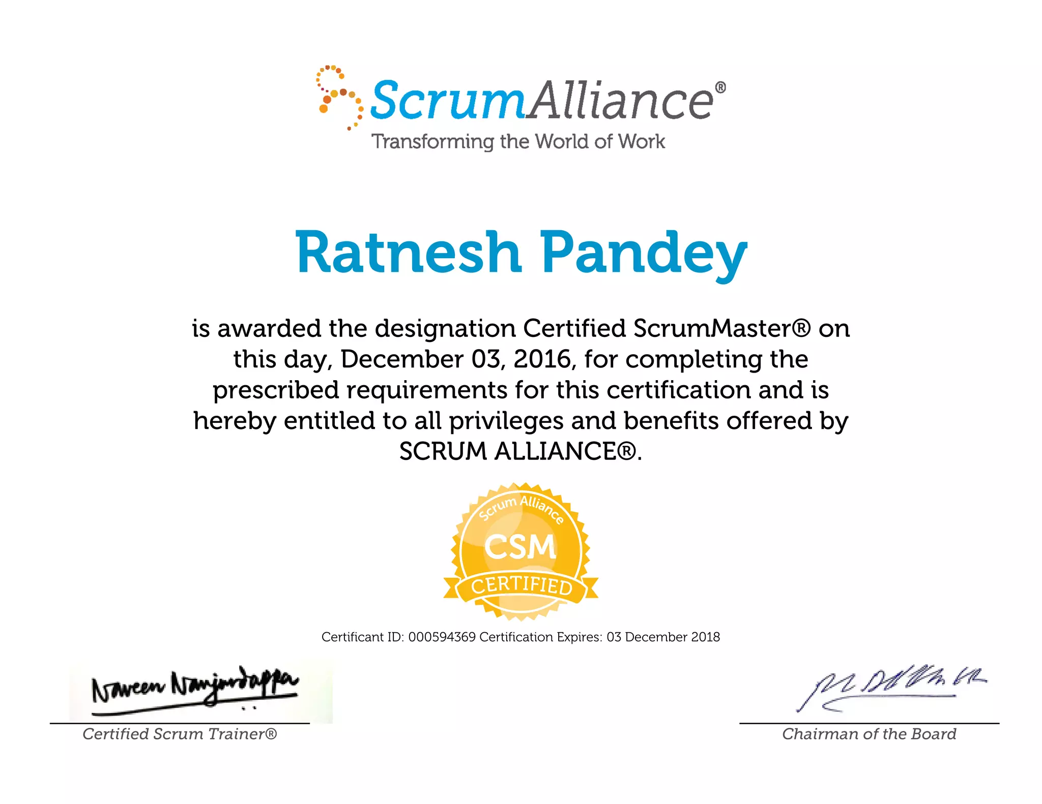 Ratnesh Pandey-ScrumAlliance_CSM_Certificate | PPT