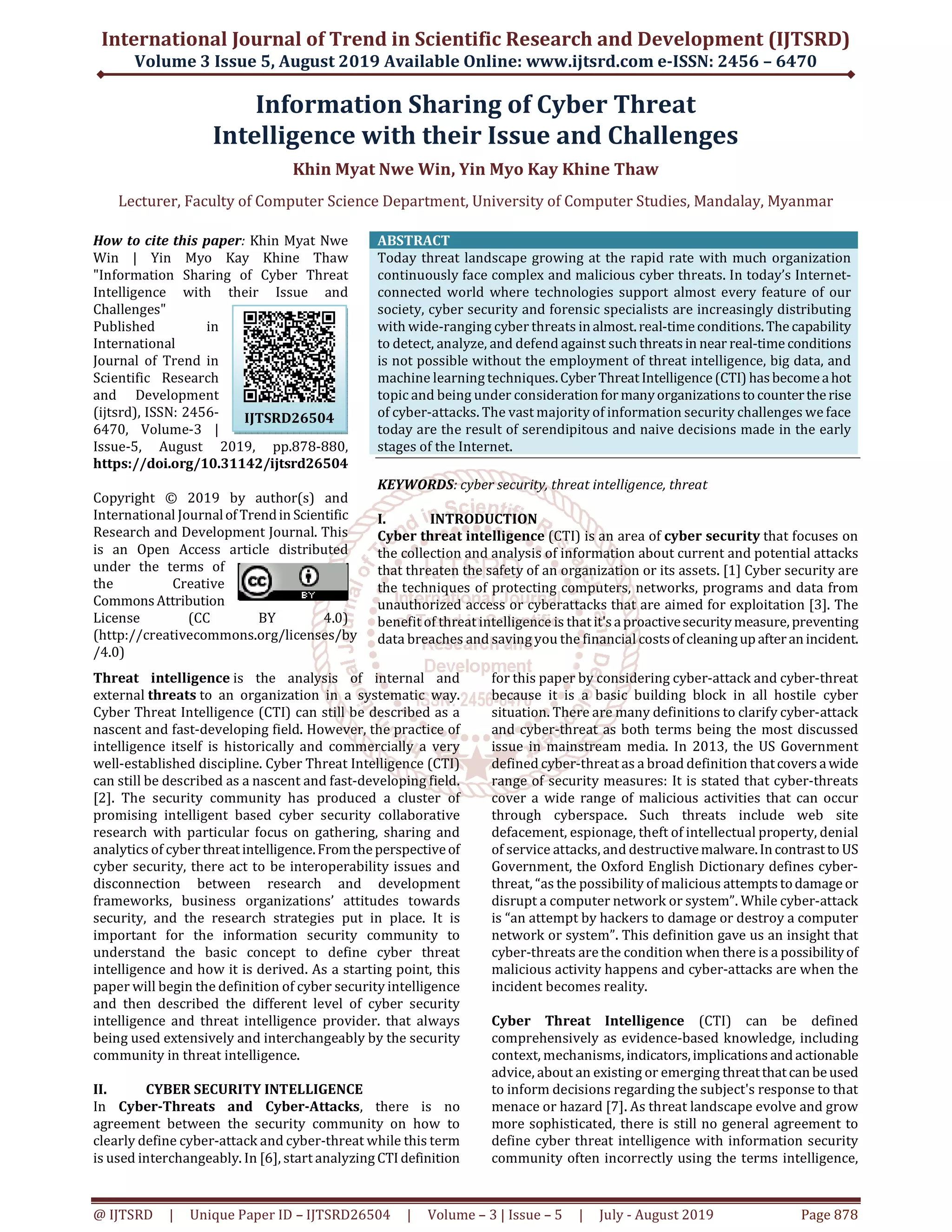 Information Sharing of Cyber Threat Intelligence with their Issue and ...