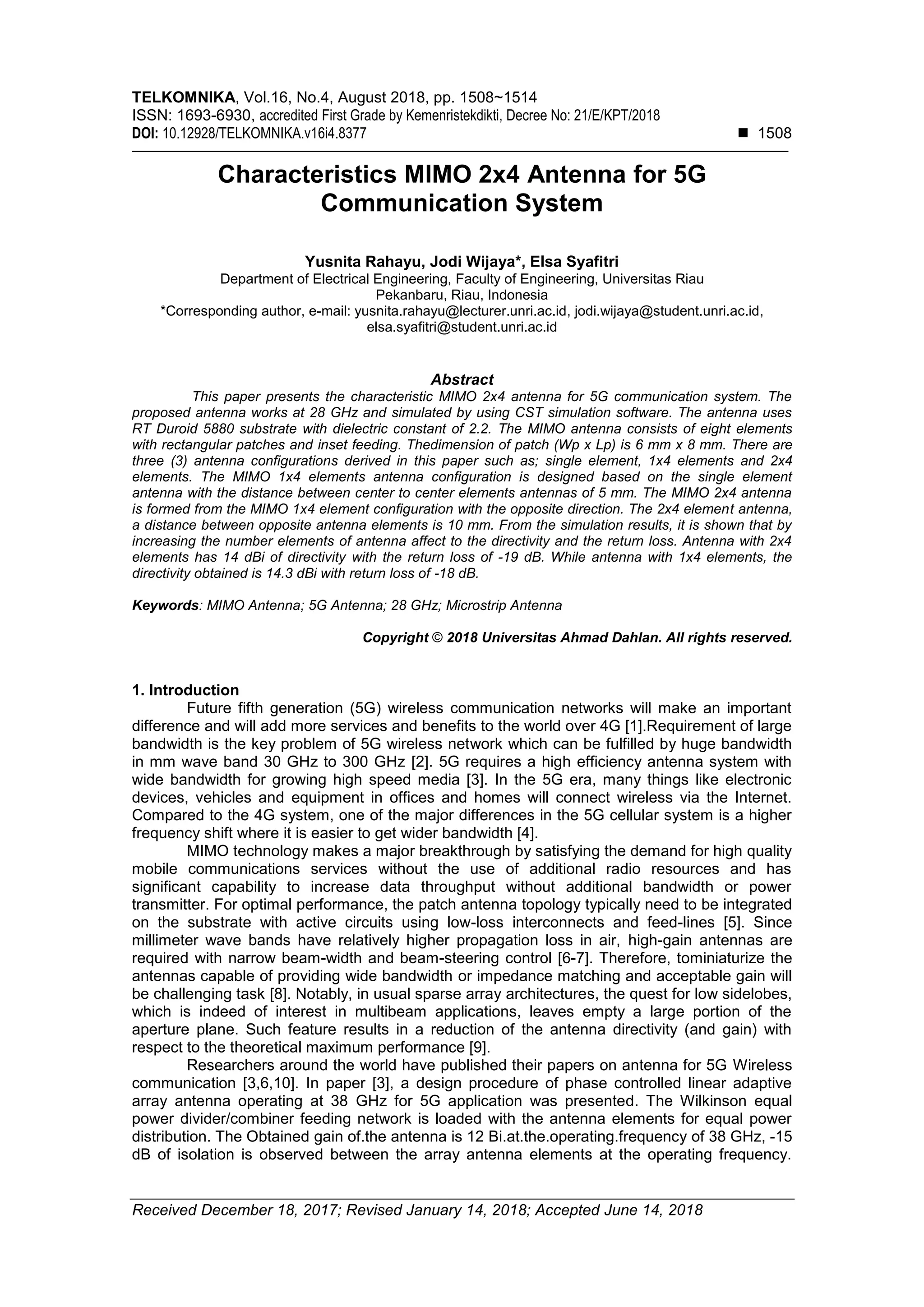 Characteristics MIMO 2x4 Antenna for 5G Communication System | PDF