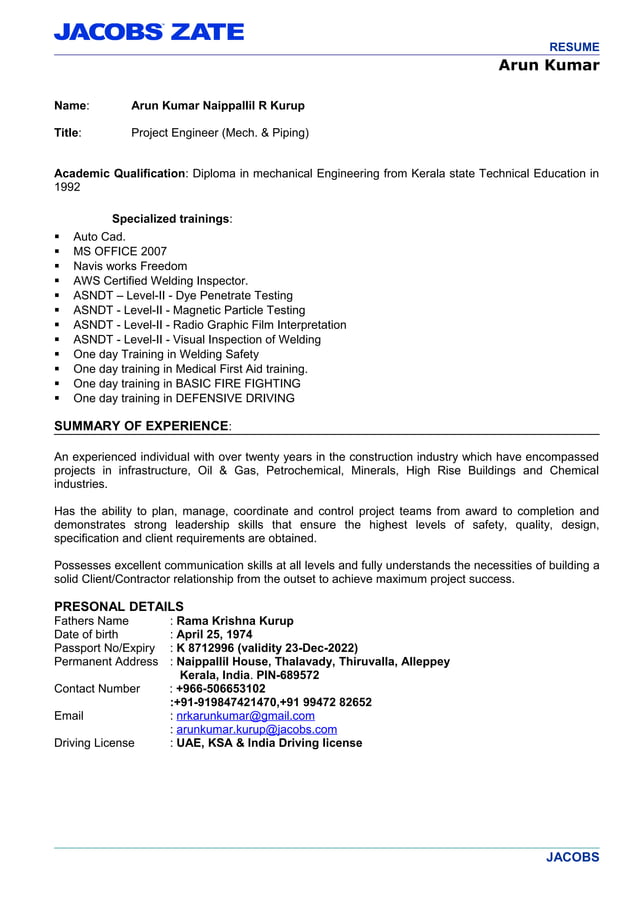 Arun Resume . | DOC