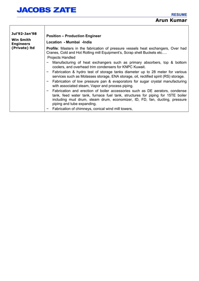 Arun Resume . | DOC