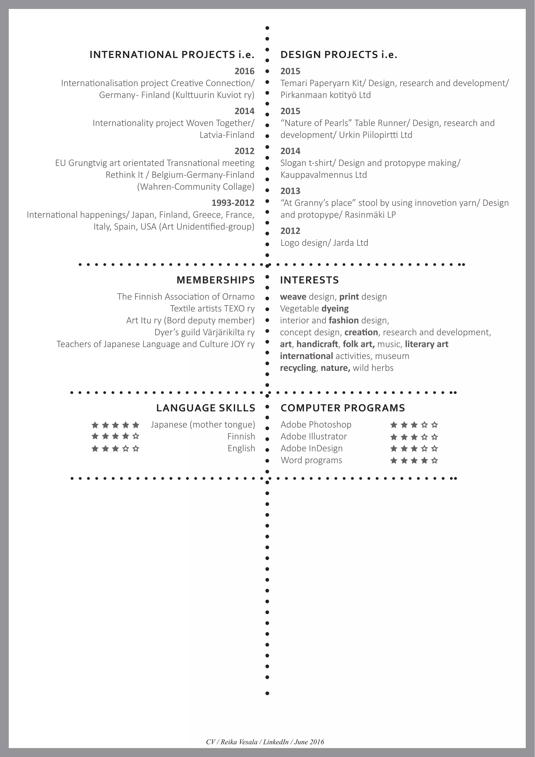 CV_Reika Vesala_LinkedIn_En | PDF | Arts and Crafts | Hobbies & Interests
