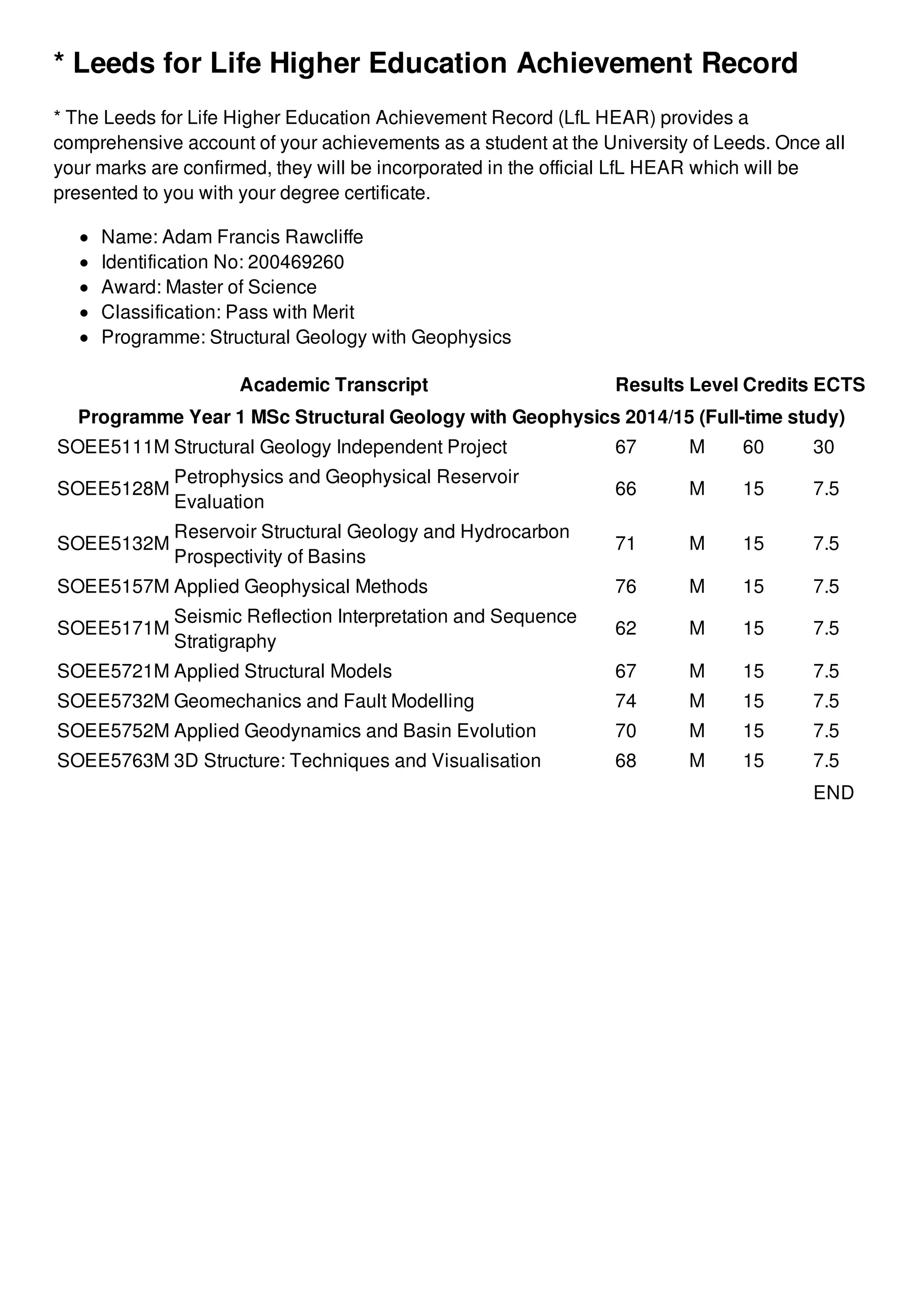 Masters Academic Transcript | PDF