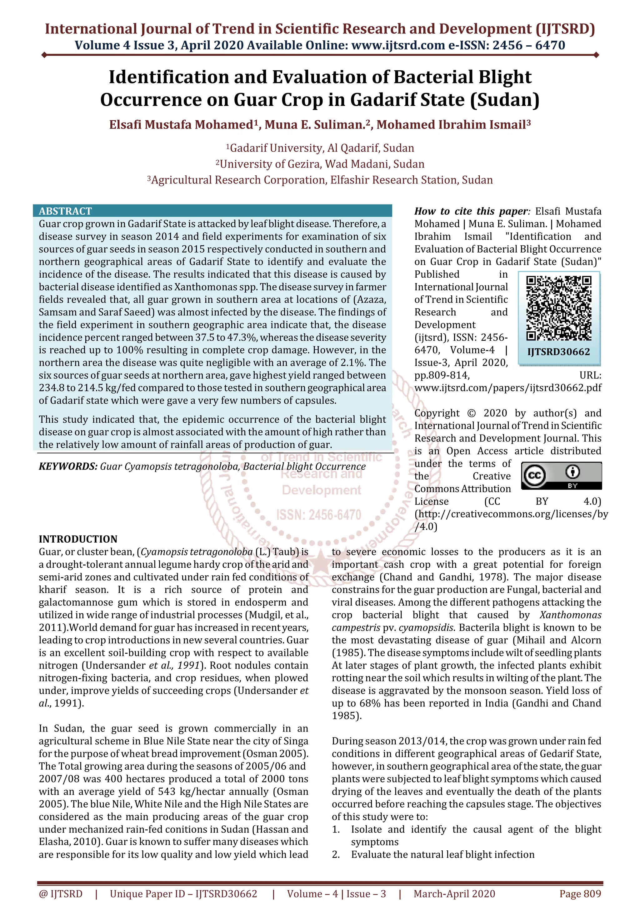 Identification and Evaluation of Bacterial Blight Occurrence on Guar ...