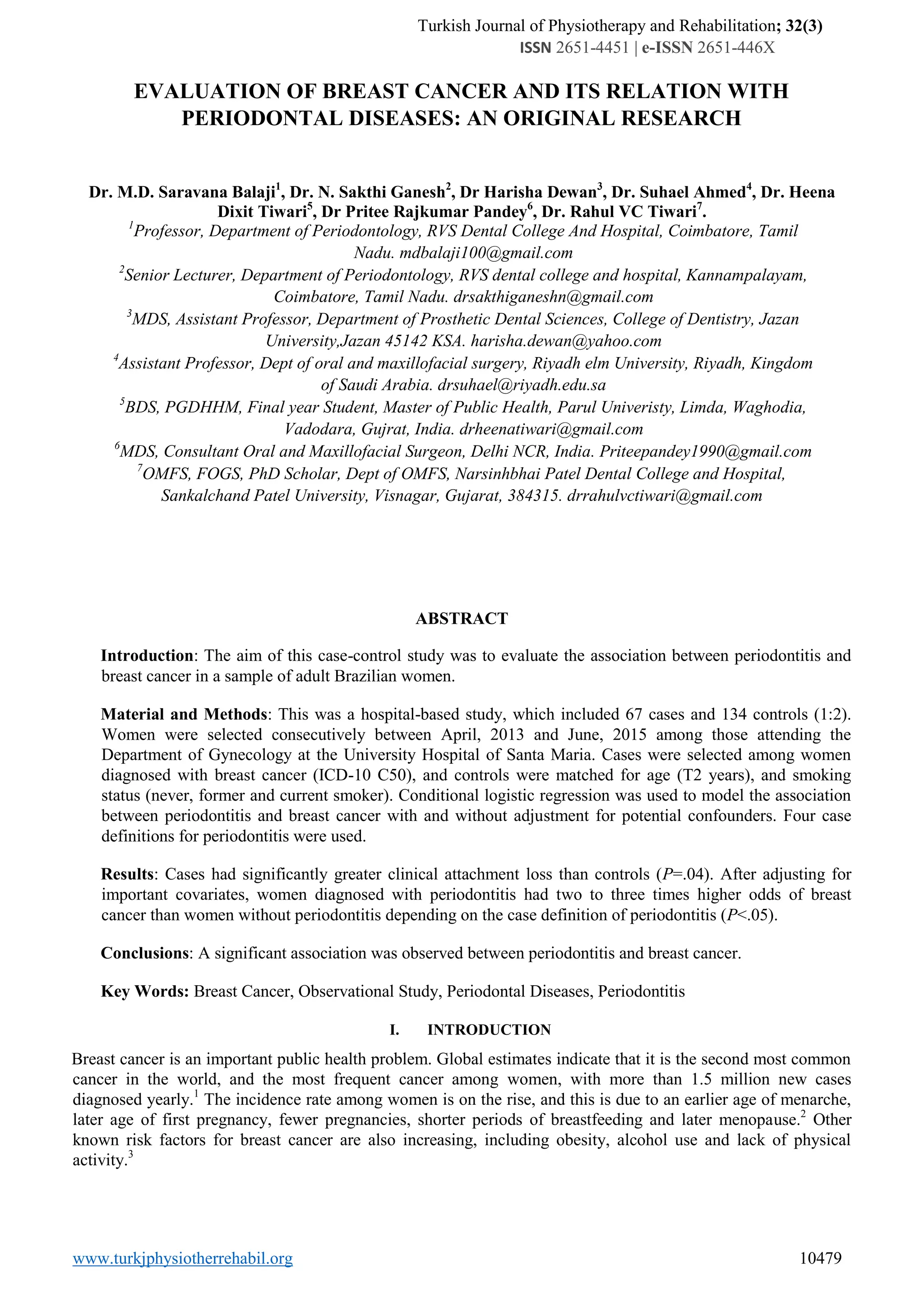 EVALUATION OF BREAST CANCER AND ITS RELATION WITH PERIODONTAL DISEASES ...