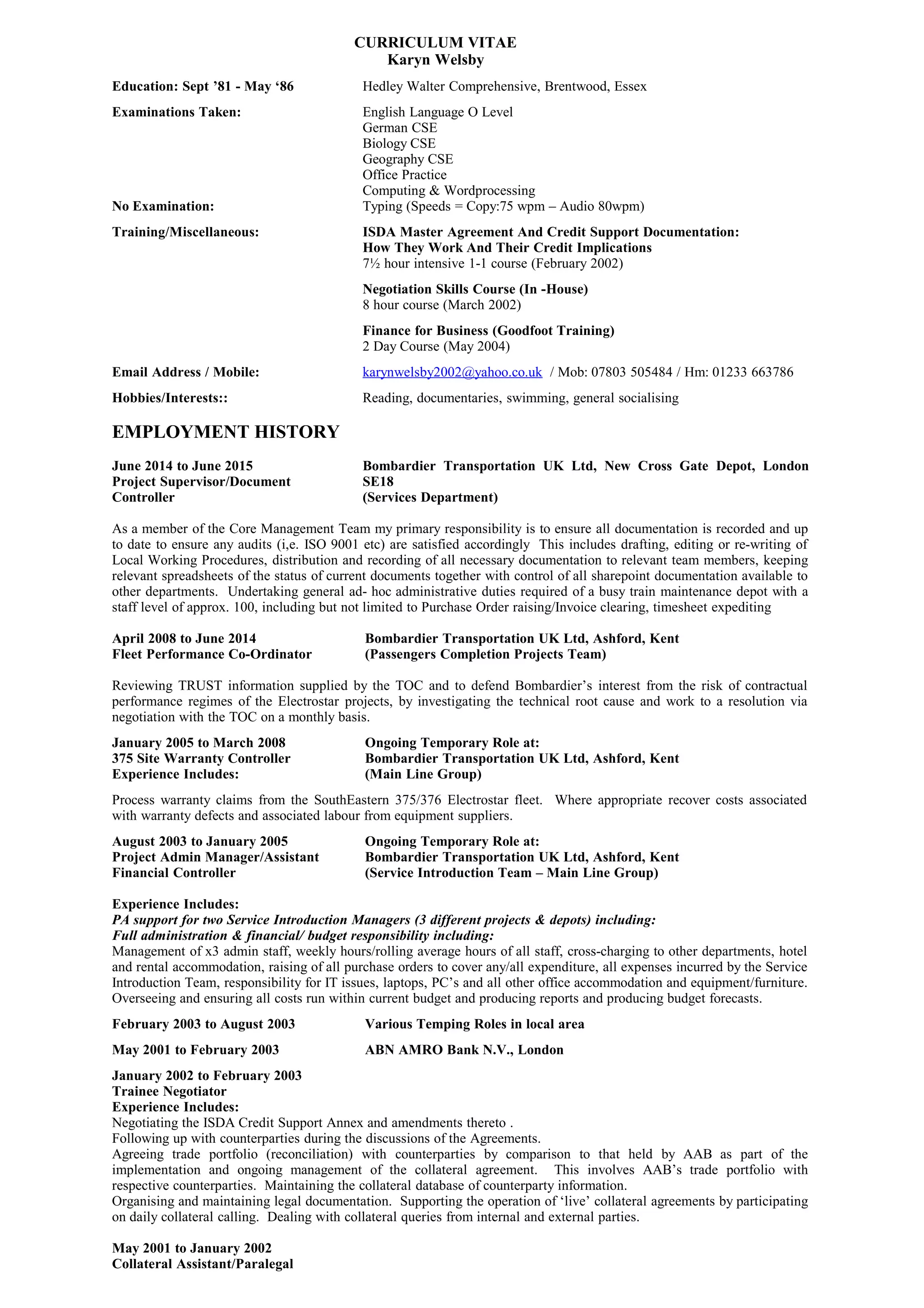 Karyn Welsby Curriculum Vitae Nov 2014 | DOC