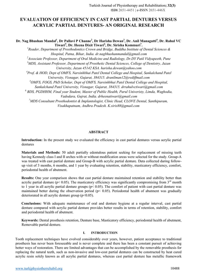 EVALUATION OF EFFICIENCY IN CAST PARTIAL DENTURES VERSUS ACRYLIC PARTIAL DENTURES- AN ORIGINAL ...