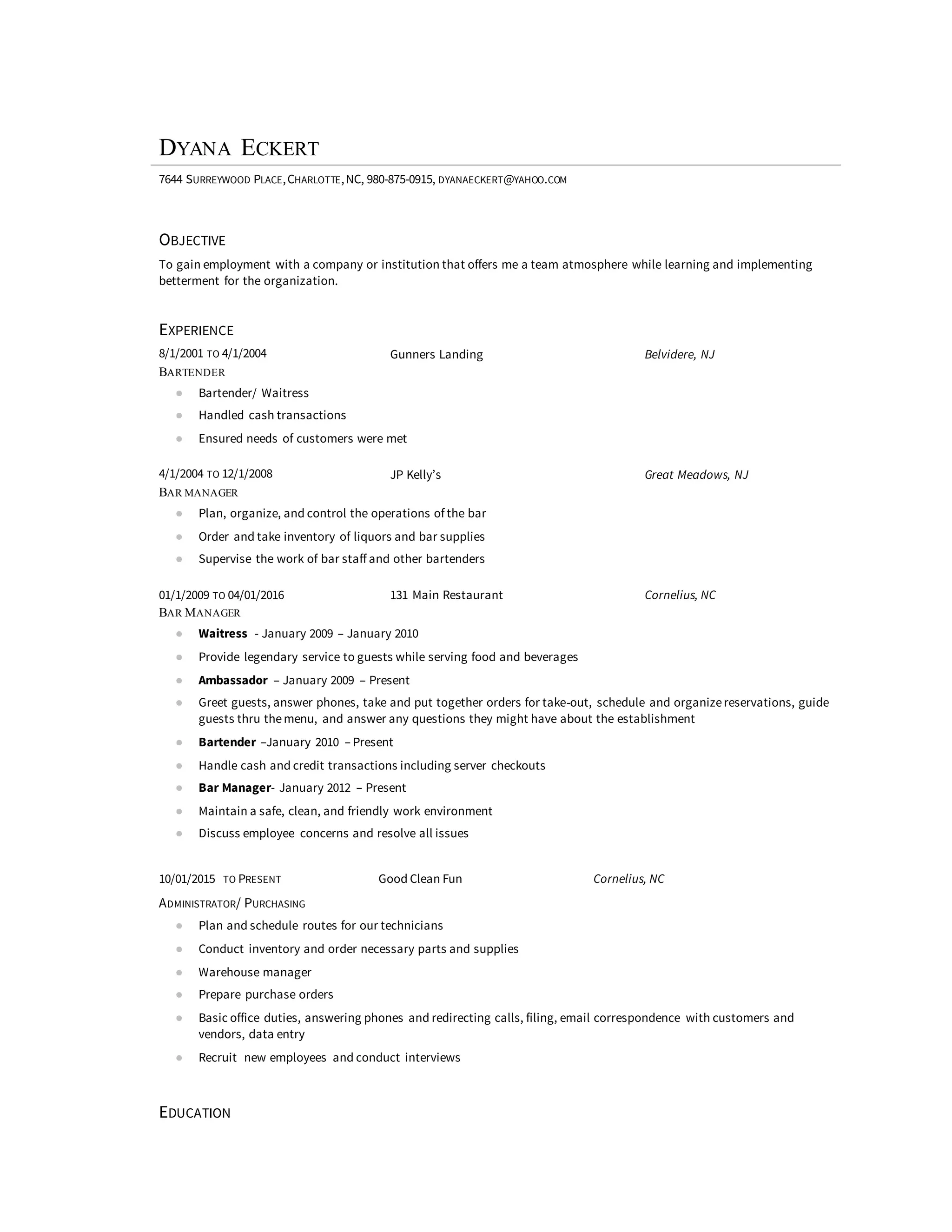 DyanaEckertProfessionalResume (1) | DOCX | Hospitality Industry | Industries