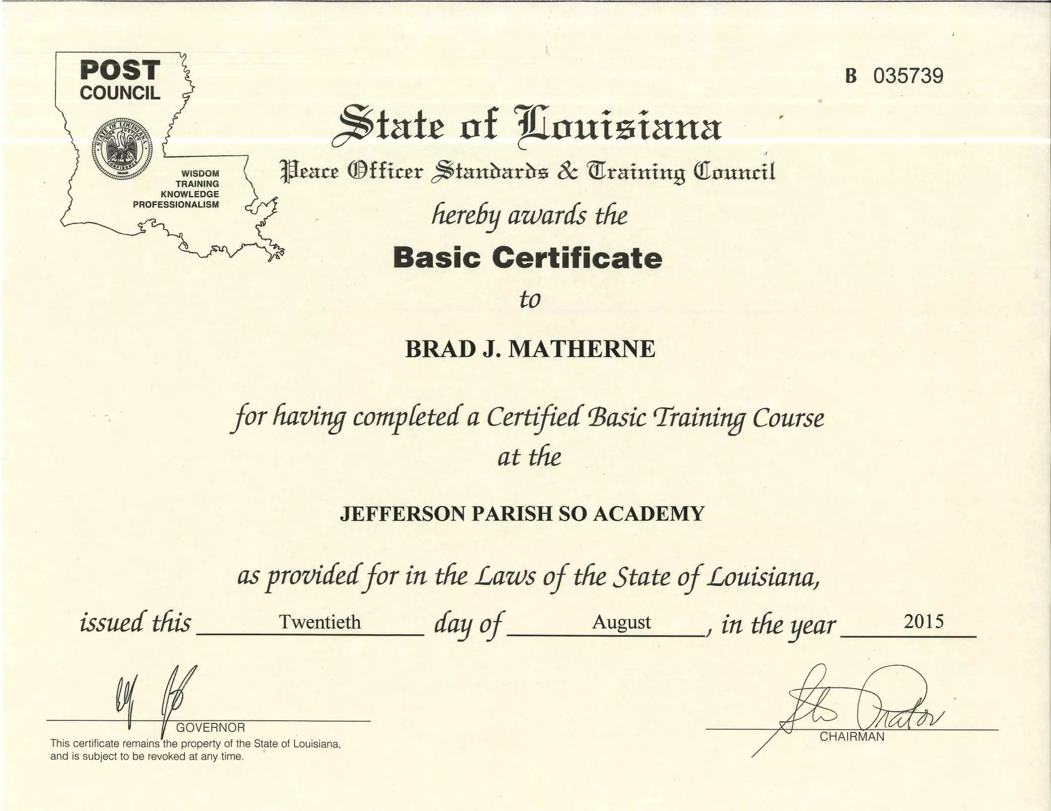 Jefferson Parish SO Academy POST Certificate | PPT