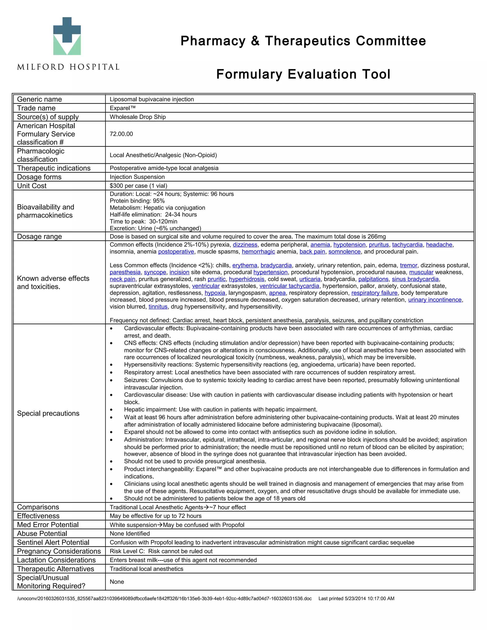 Shadowing project III exparel formulary review | DOC