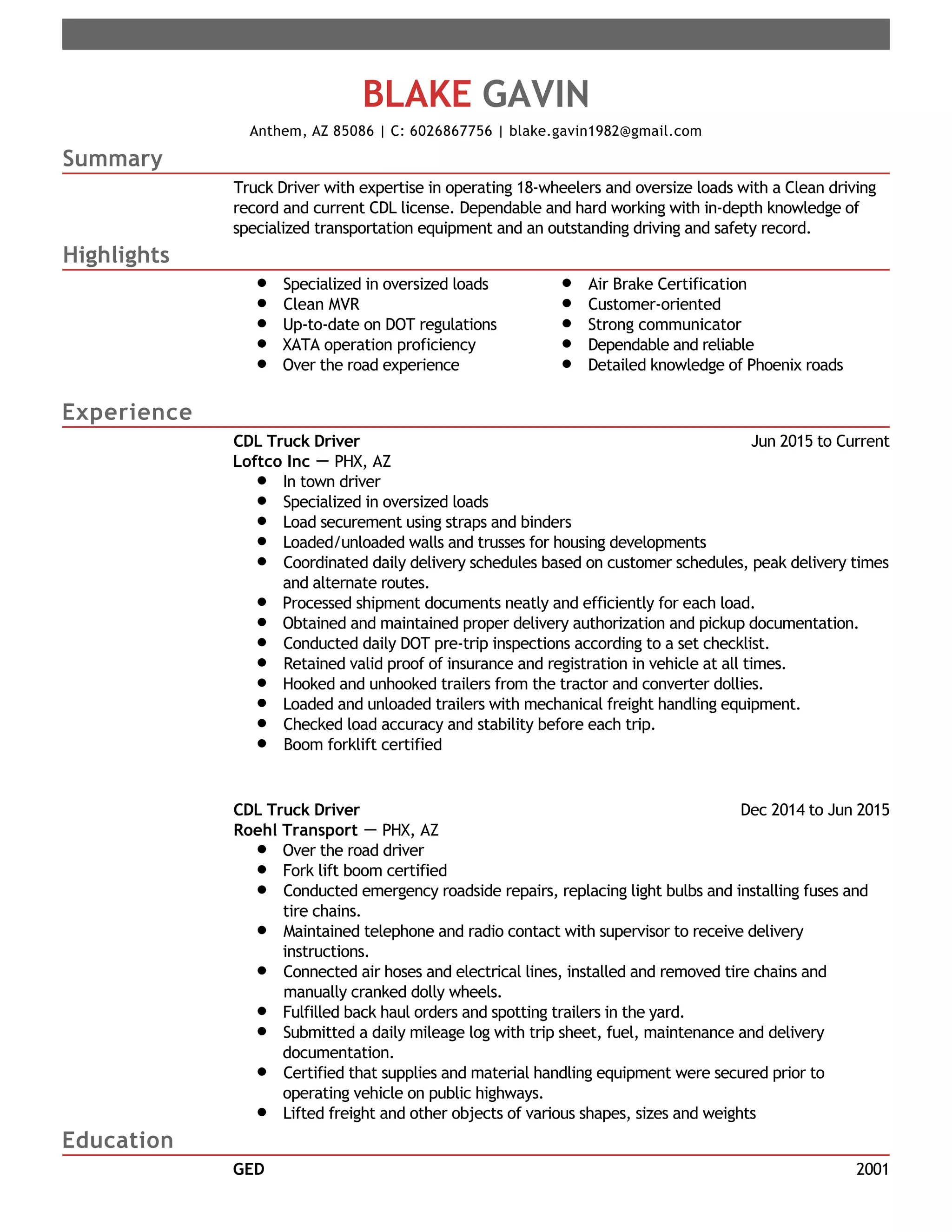 Blake Gavin CDL Resume 1 | PDF