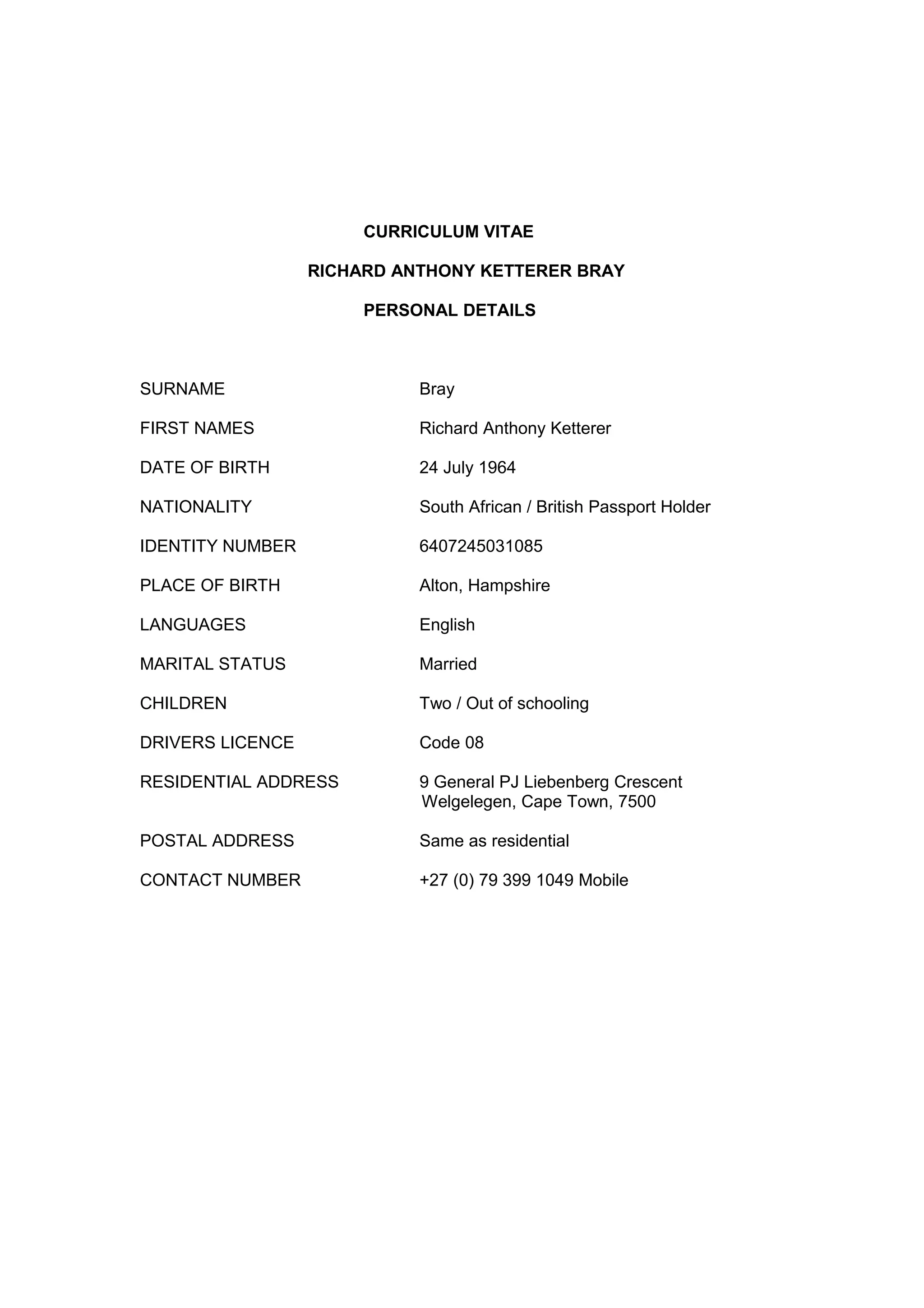 Resume - Mr Richard Bray | DOC