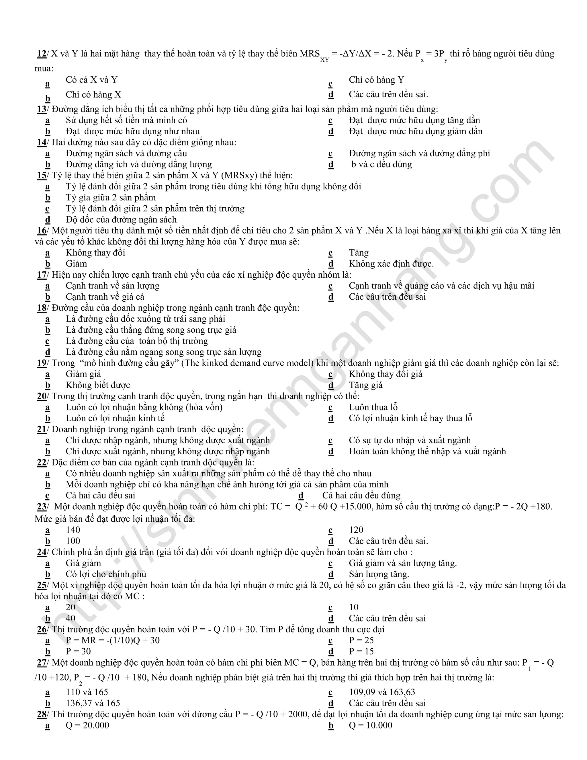 16 bộ đề trắc nghiệm kinh tế vi mô có đáp án | PDF