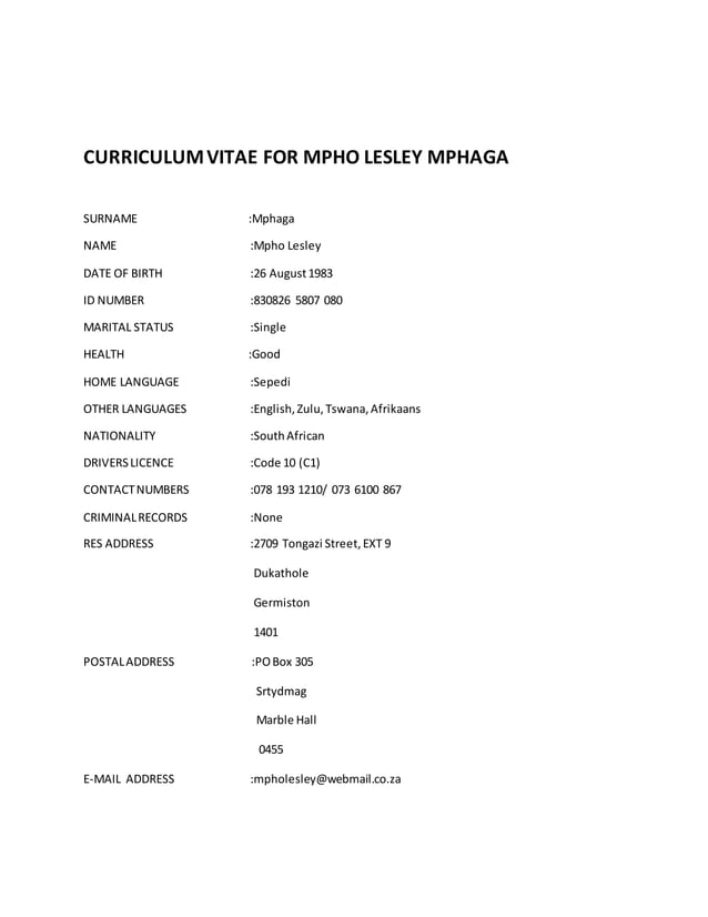 CURRICULUM VITAE FOR MPHO LESLEY MPHAGA[1][1] | DOCX