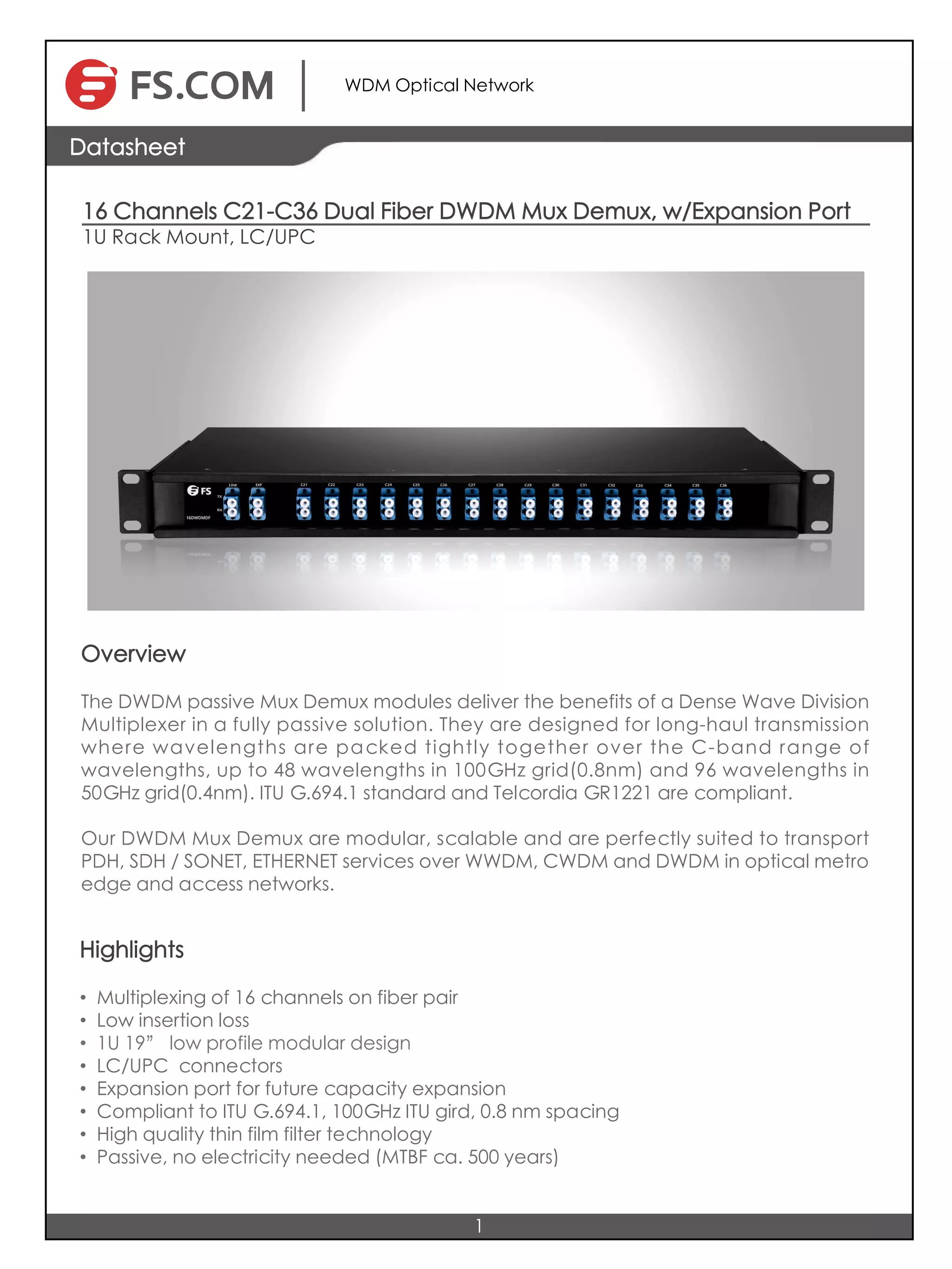 16 Channels C21-C36 Dual Fiber DWDM Mux Demux | PDF