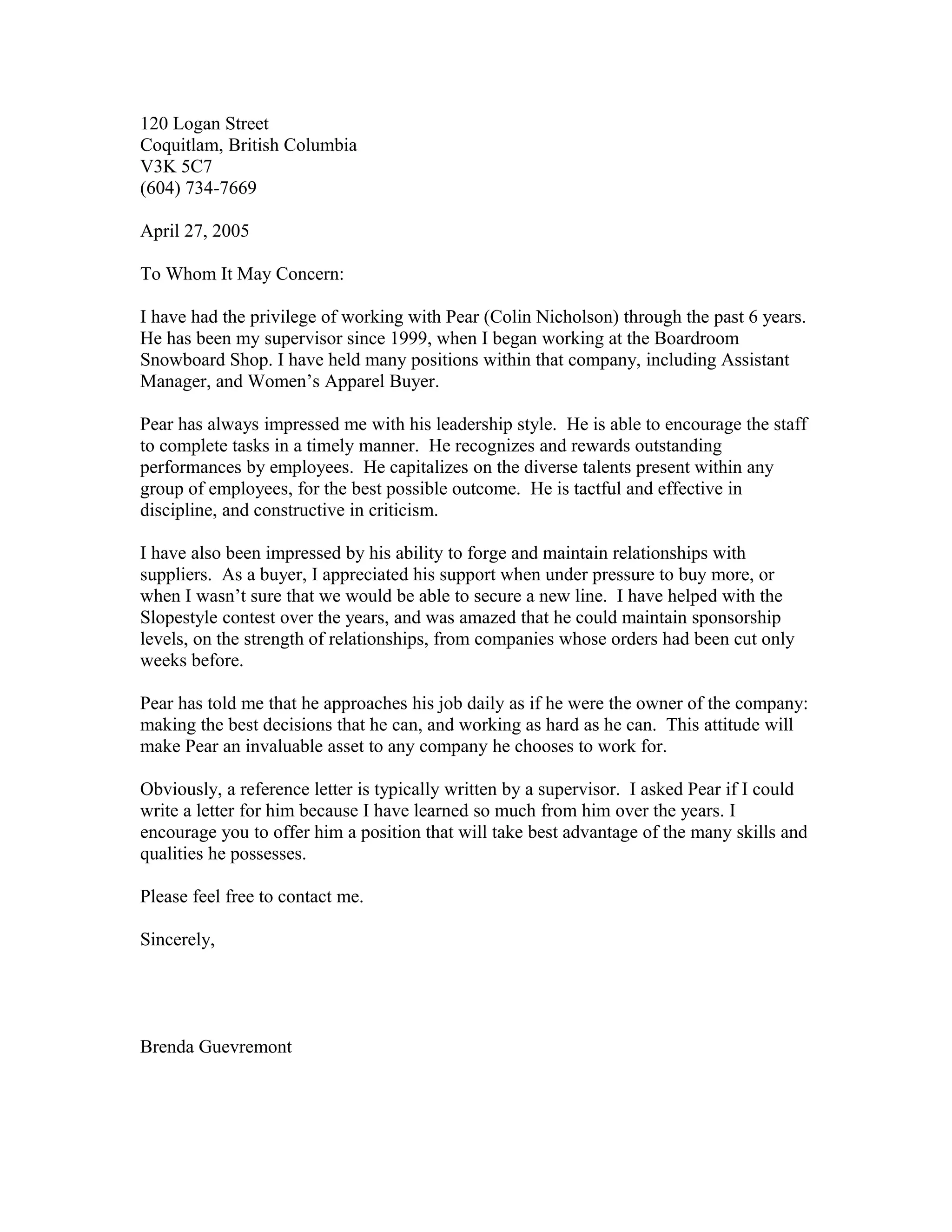 Brenda Reference letter | DOC