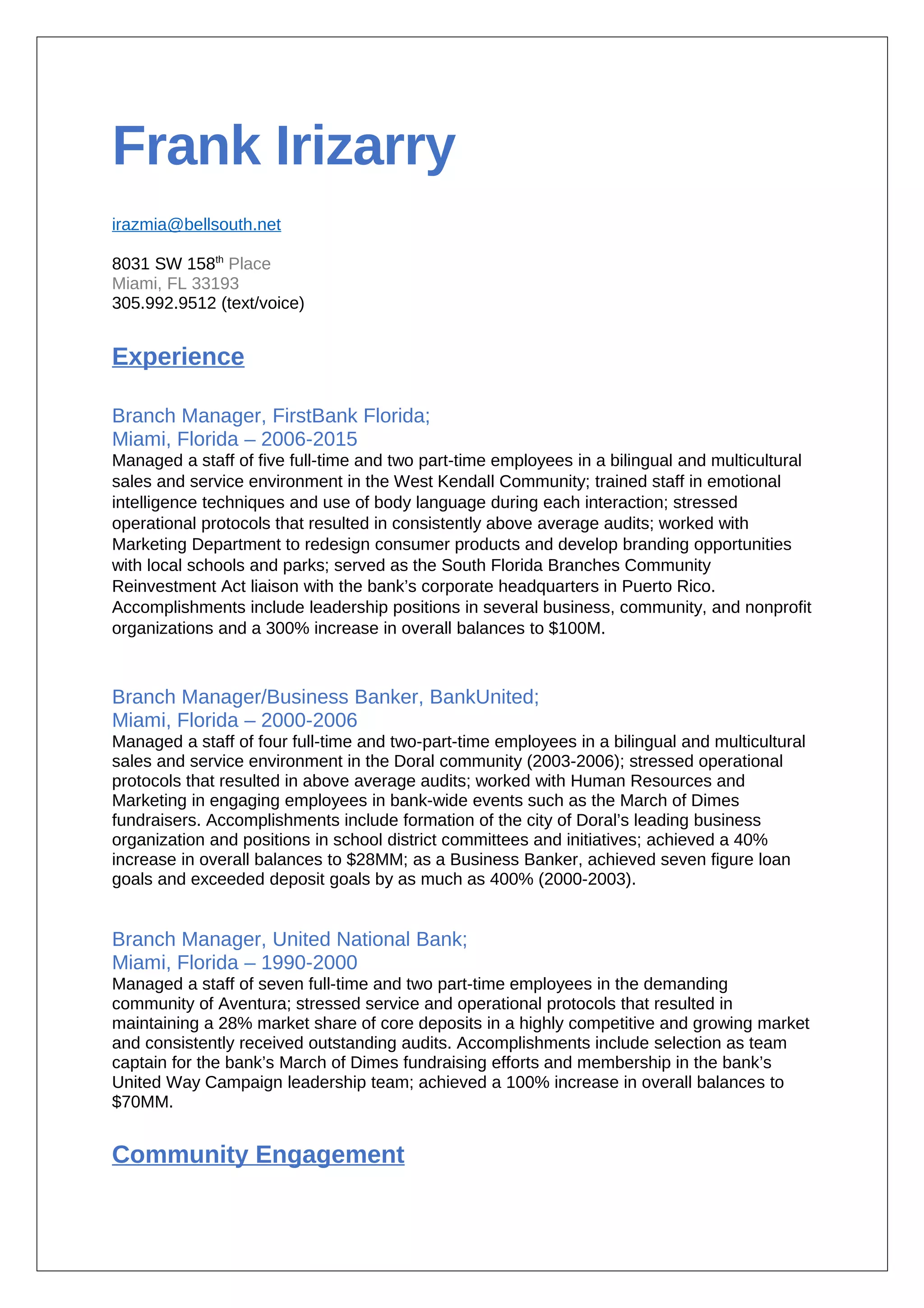 Frank Irizarry resume 4 01052016 | DOC
